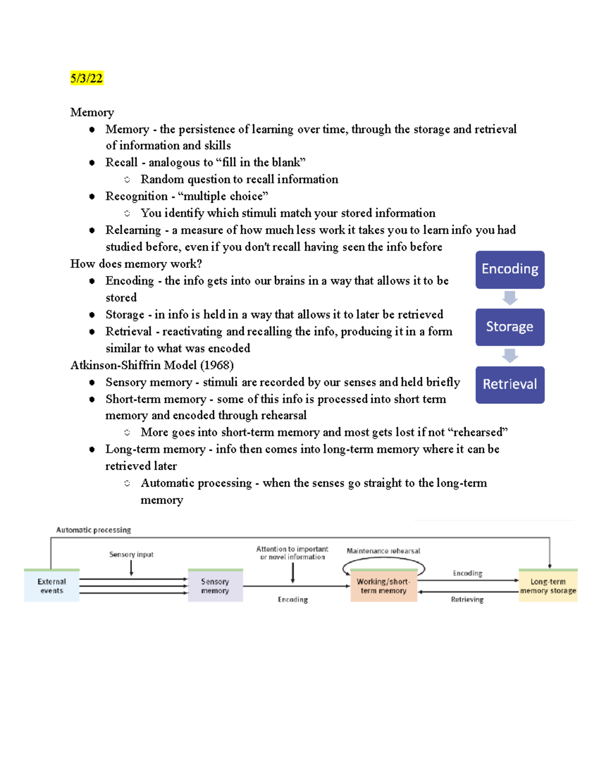 Chapter 8 in class notes momory - 5/3/ Memory Memory - the persistence ...