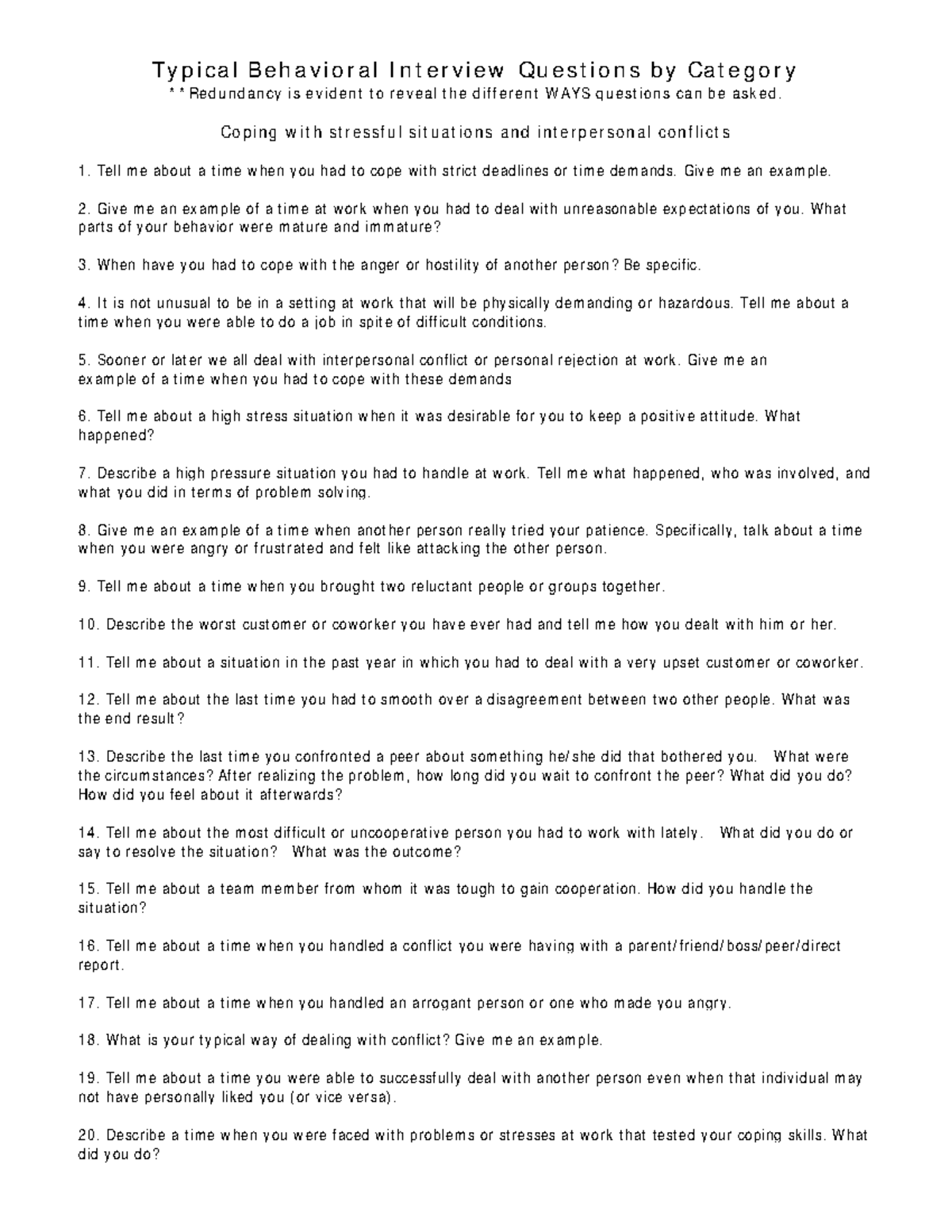 Behaviourial questions - 15 pages - Typical Behavioral Interview ...