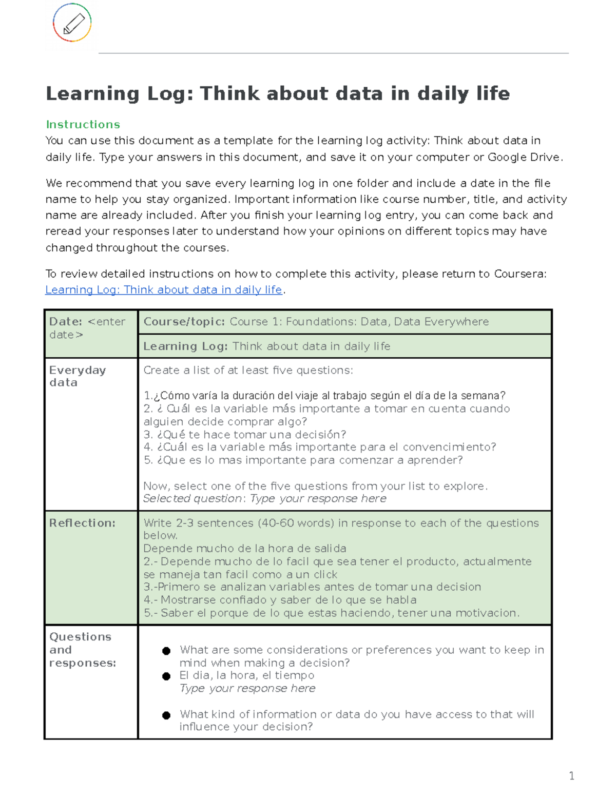 Actividad 1 Learning Log Template Think about data in daily life - - Studocu
