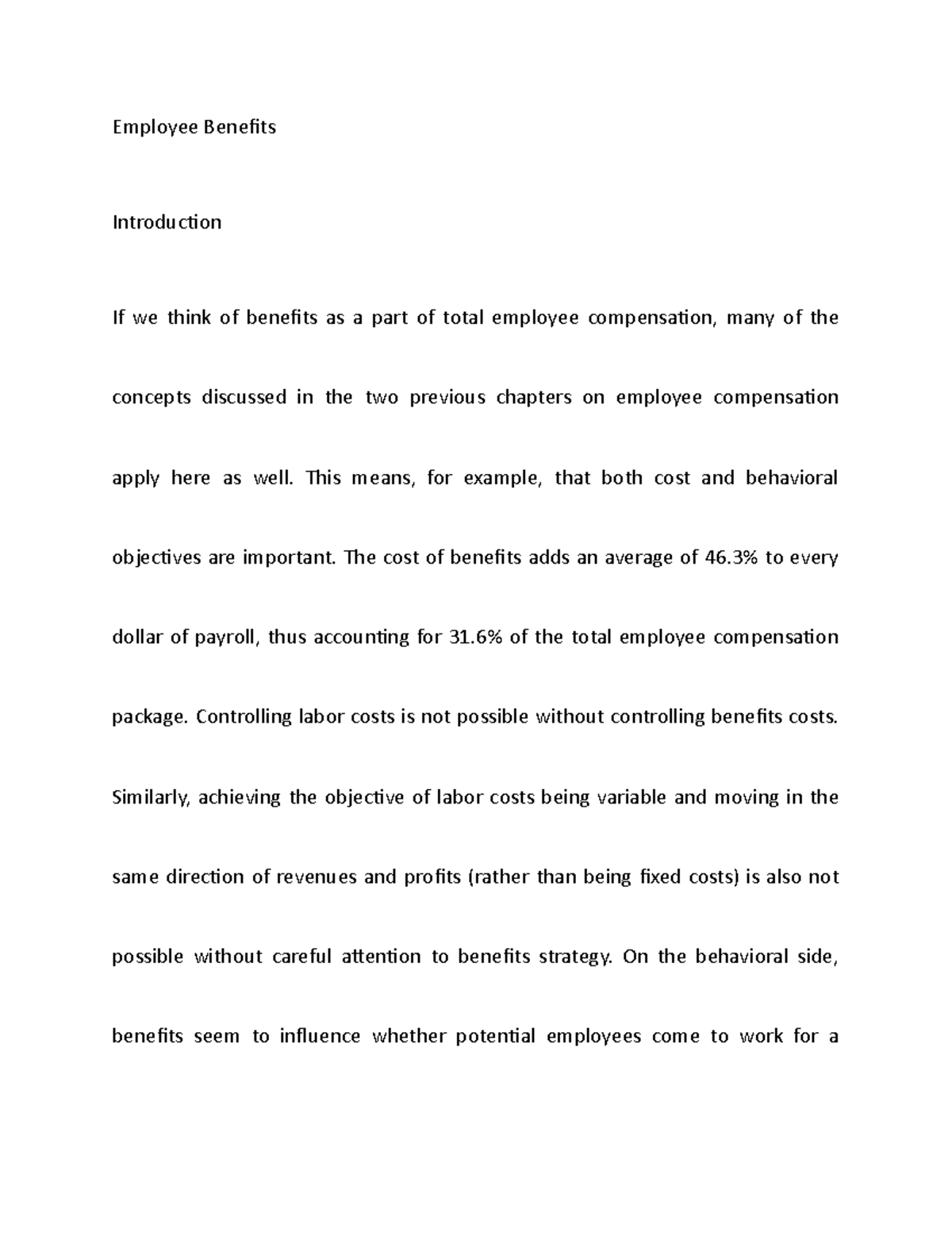 18- Employee Benefits - Employee Benefits Introduction If we think of ...