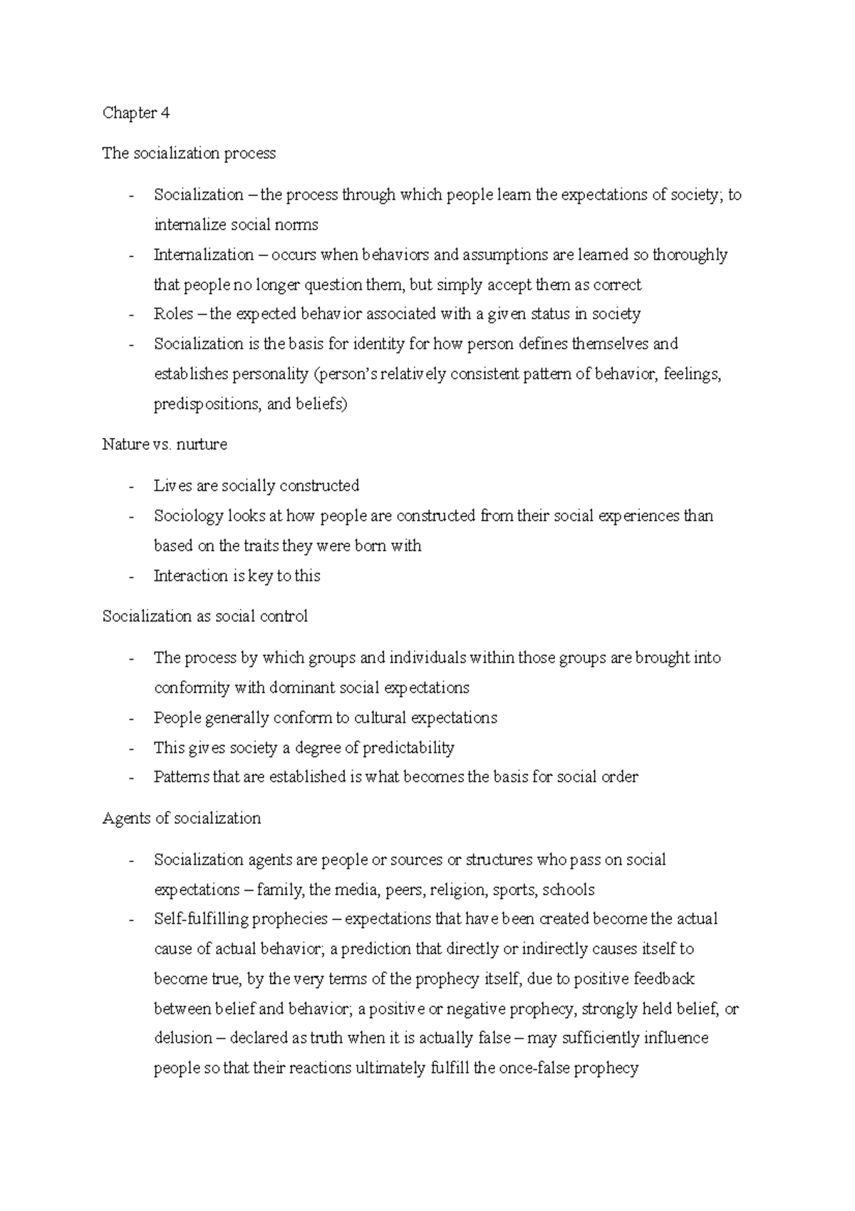 Chapter 4 lecture notes - Chapter 4 The socialization process ...