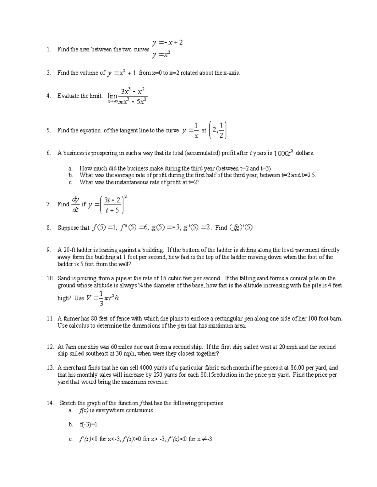 Extra problems - 1. Find the area between the two curves 2 y x 2 y x 3. Find the volume of y ...
