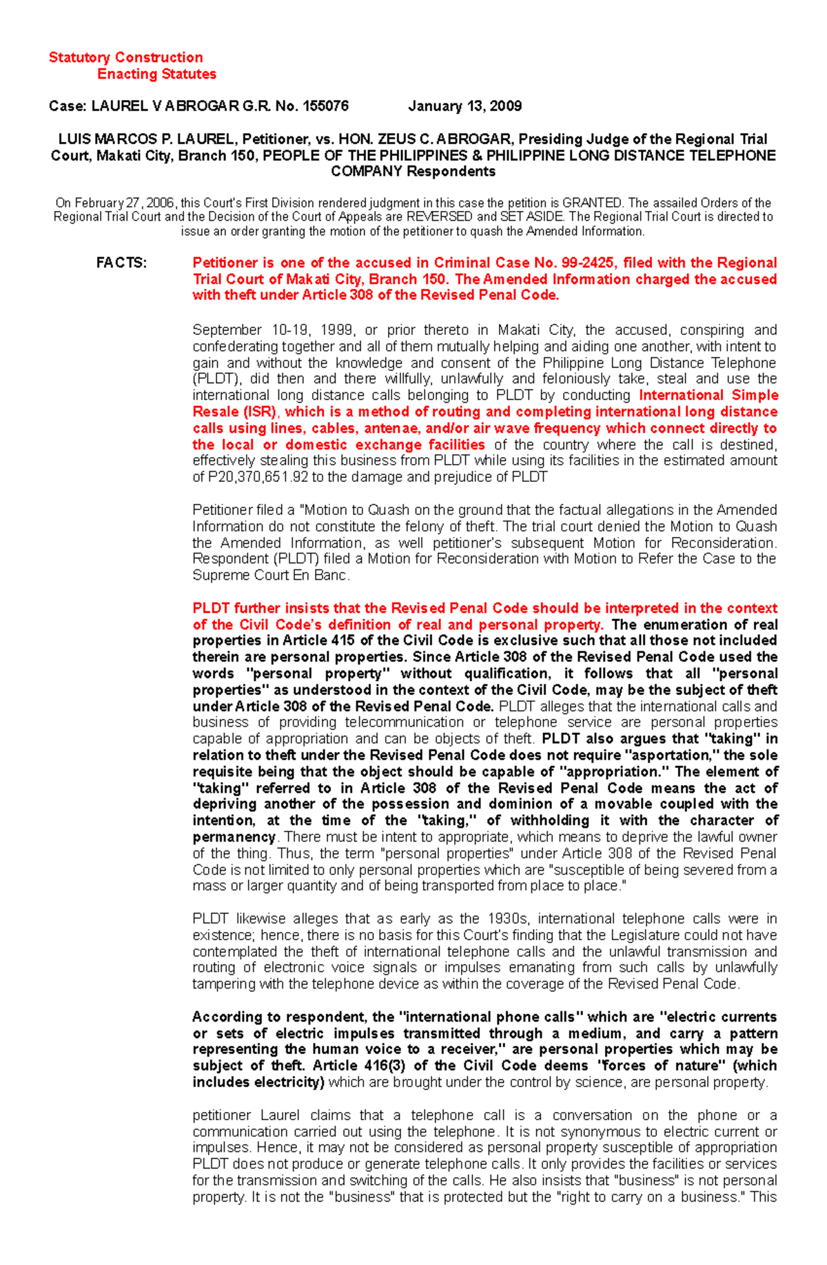 Case Digests Laurel v Abrogar - Statutory Construction Enacting ...