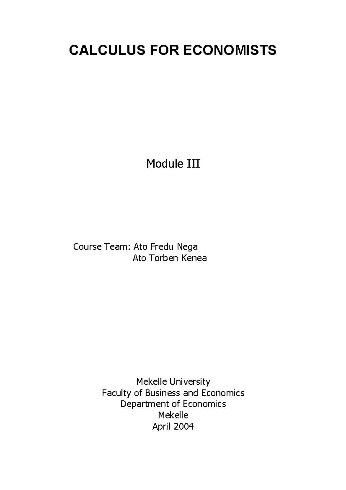 Calc. III - For education - CALCULUS FOR ECONOMISTS Module III Course ...