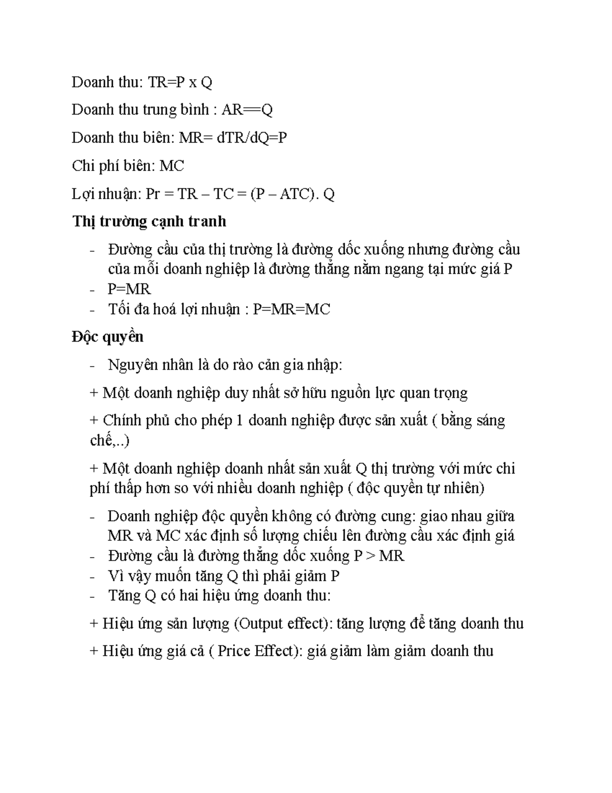 cạnh tranh độc quyền - Doanh thu: TR=P x Q Doanh thu trung bình : AR==Q Doanh thu biên: MR= dTR ...