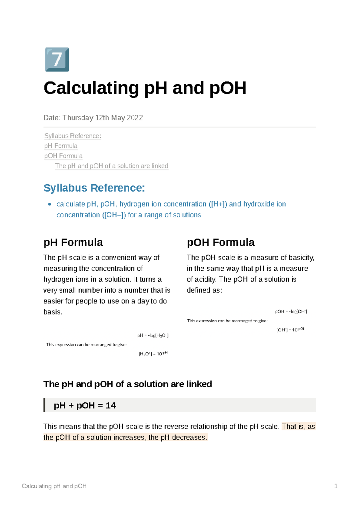 Calculating p H and p OH - calculate pH, pOH, hydrogen ion concentration ([H+]) and hydroxide ...