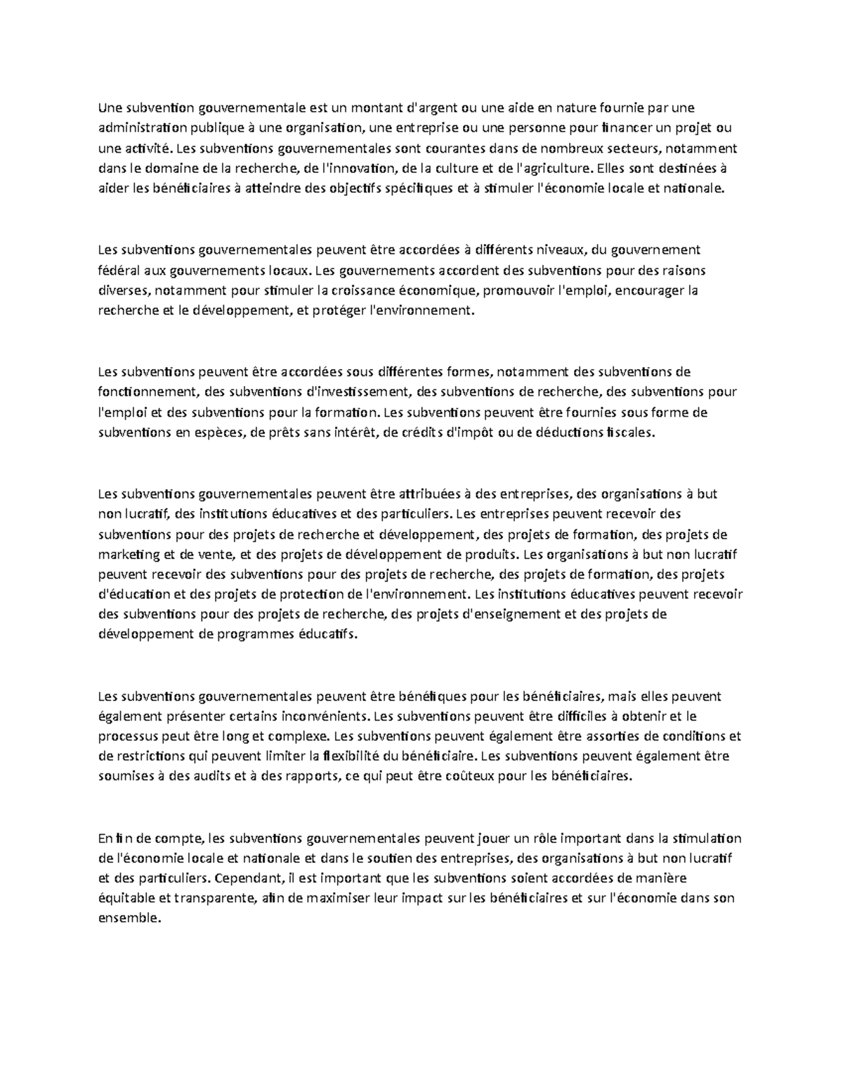 Résumé suvention gouvernemental - Une subvention gouvernementale est un ...