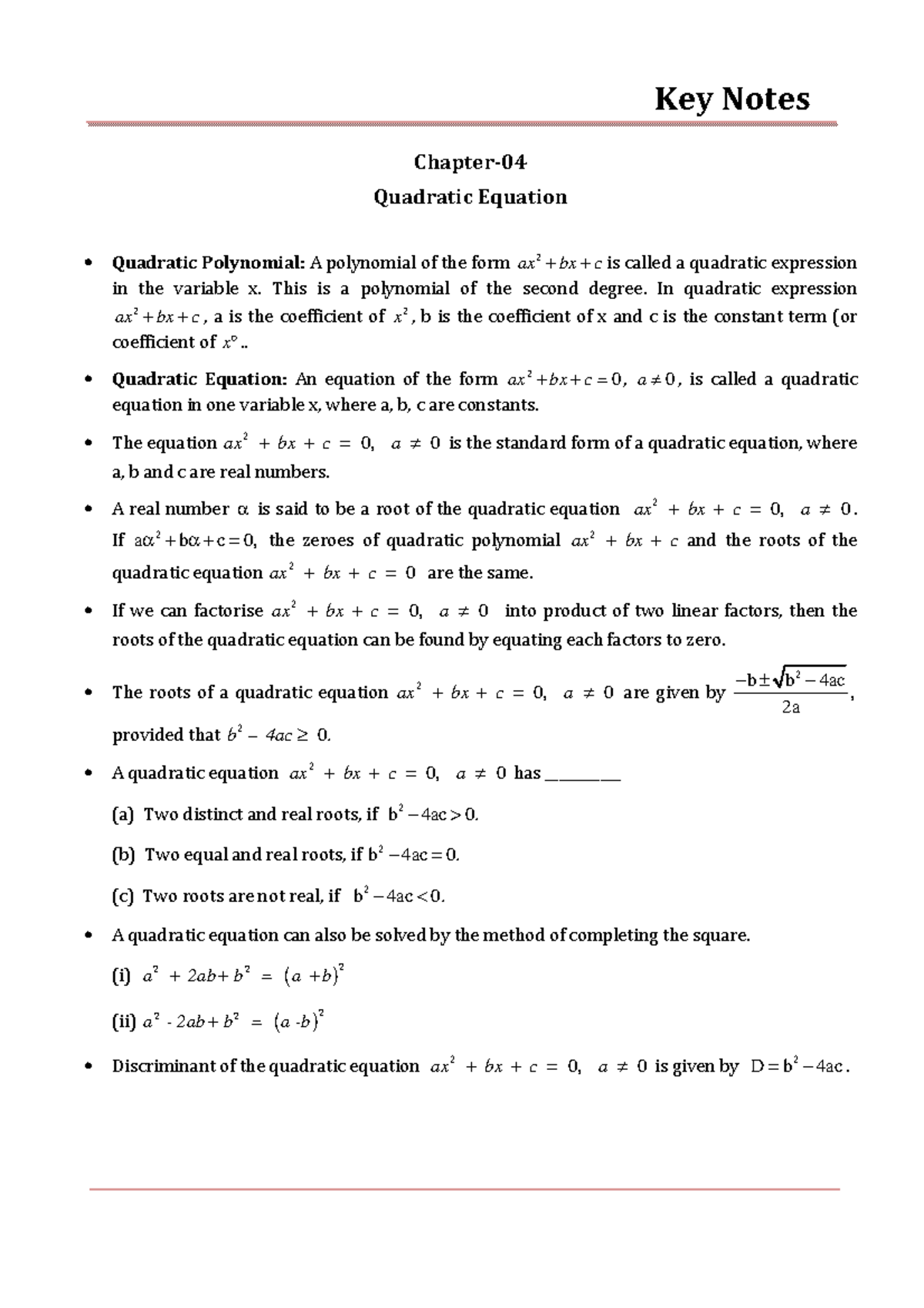 Quadratic Equation - Key Notes Chapter- Quadratic Equation Quadratic ...