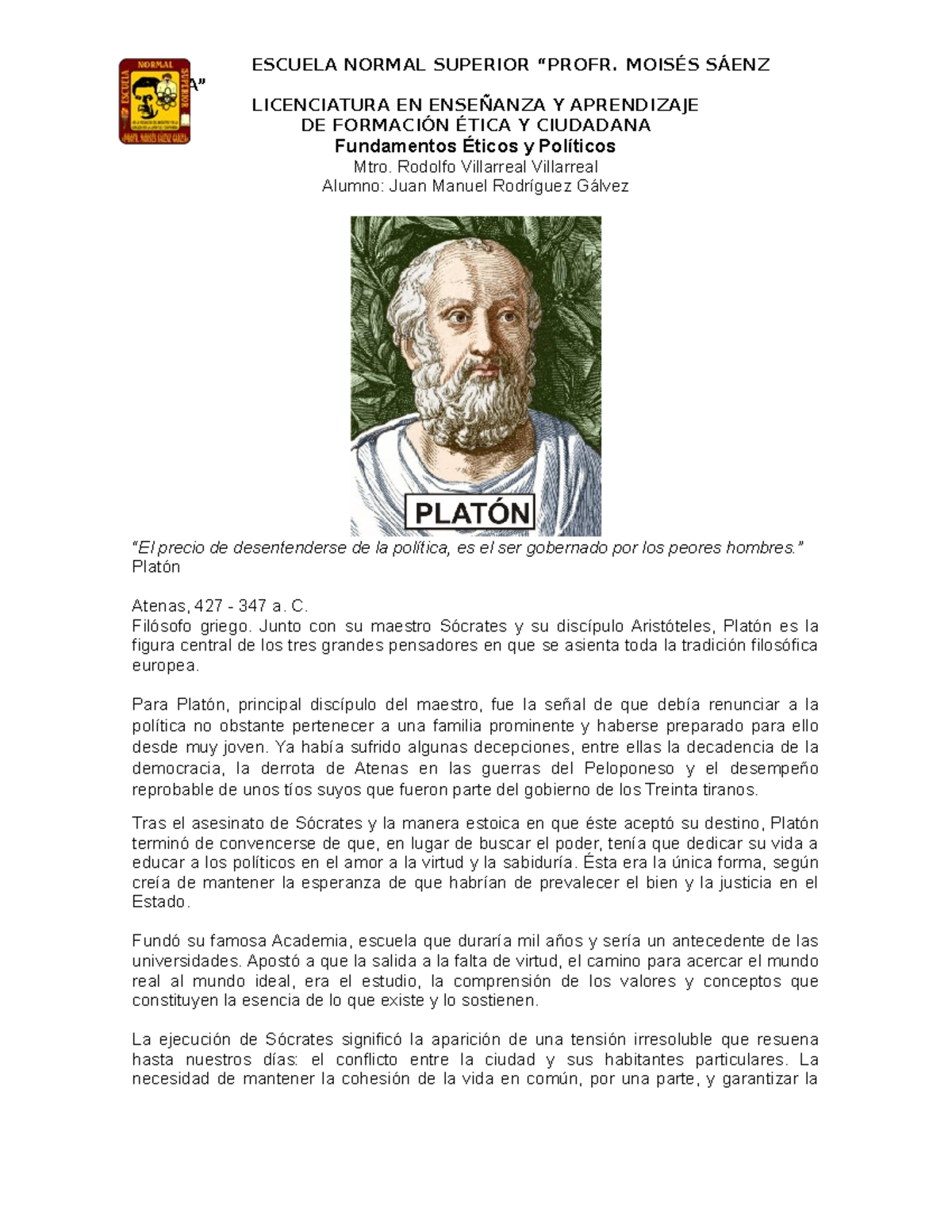 9 Politica de Platon - ESCUELA NORMAL SUPERIOR “PROFR. MOISÉS SÁENZ ...