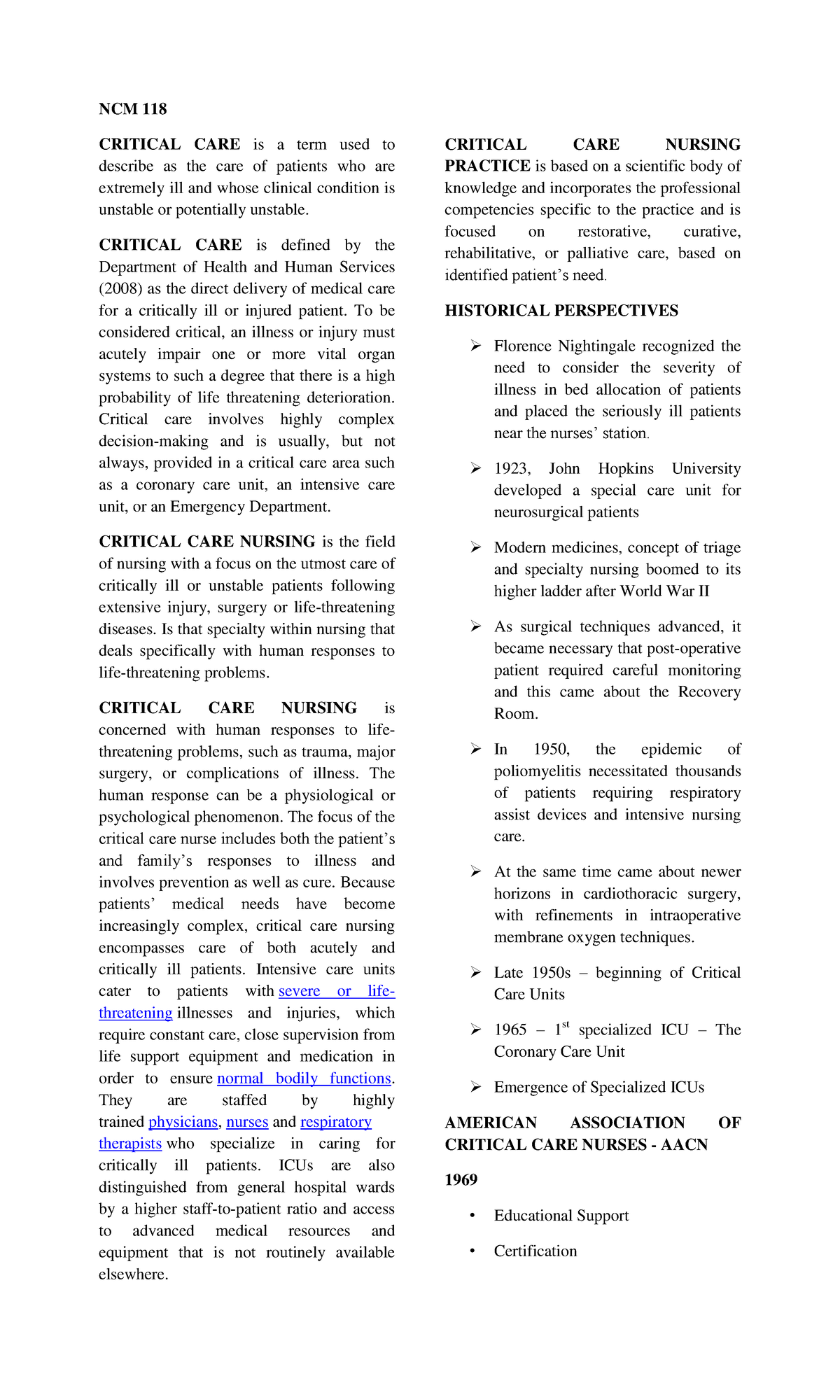 NCM-118- Reviewer - NCM 118 CRITICAL CARE is a term used to describe as ...