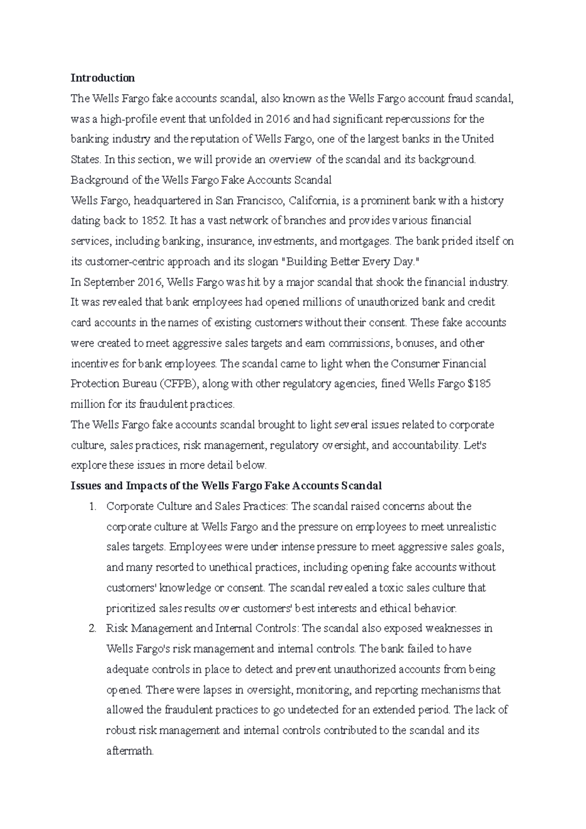 Document 1 Wells Fargo fake accounts scandal - Introduction The Wells ...