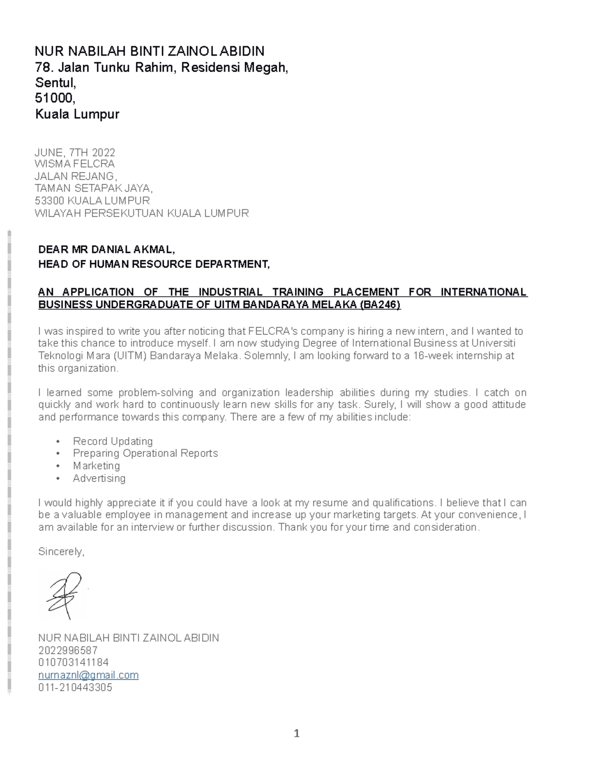 Cover Letter ASM452 ( Mohamad Danial Akmal BIN Hanim) - BA2461A - WISMA ...