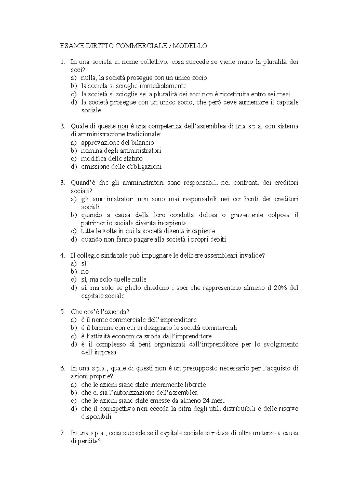 Fac simile domande commerciale - ESAME DIRITTO COMMERCIALE / MODELLO In ...