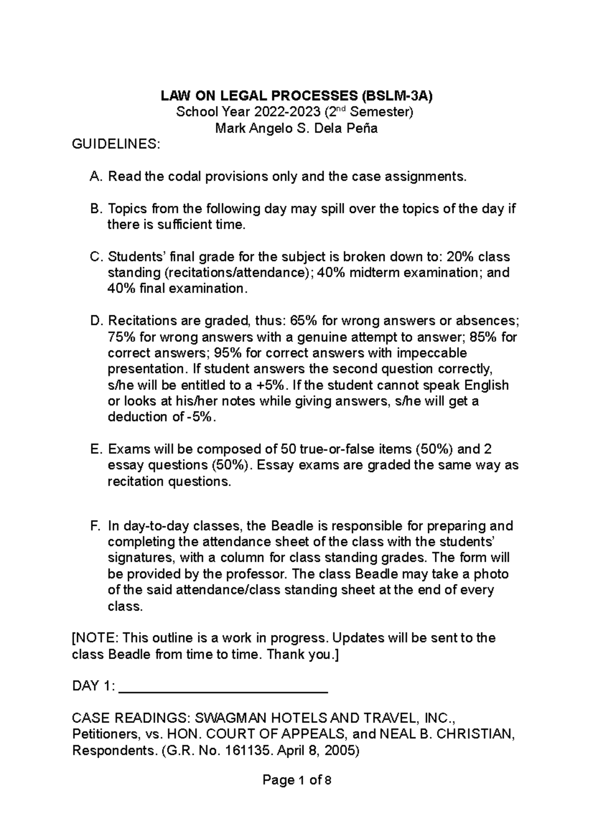 Syllabus IN Legal Processes (Rules of Court) - LAW ON LEGAL PROCESSES ...