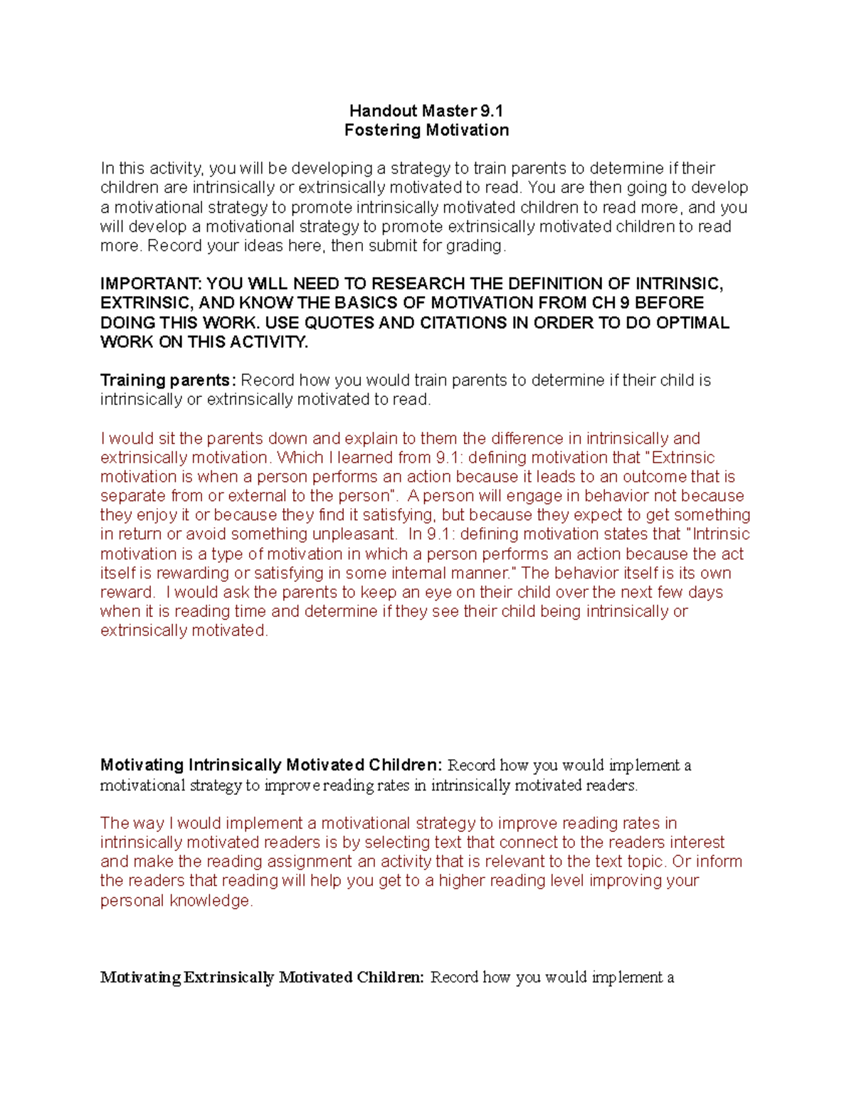 Handout 9.1 Fostering Motivation - Handout Master 9. Fostering ...