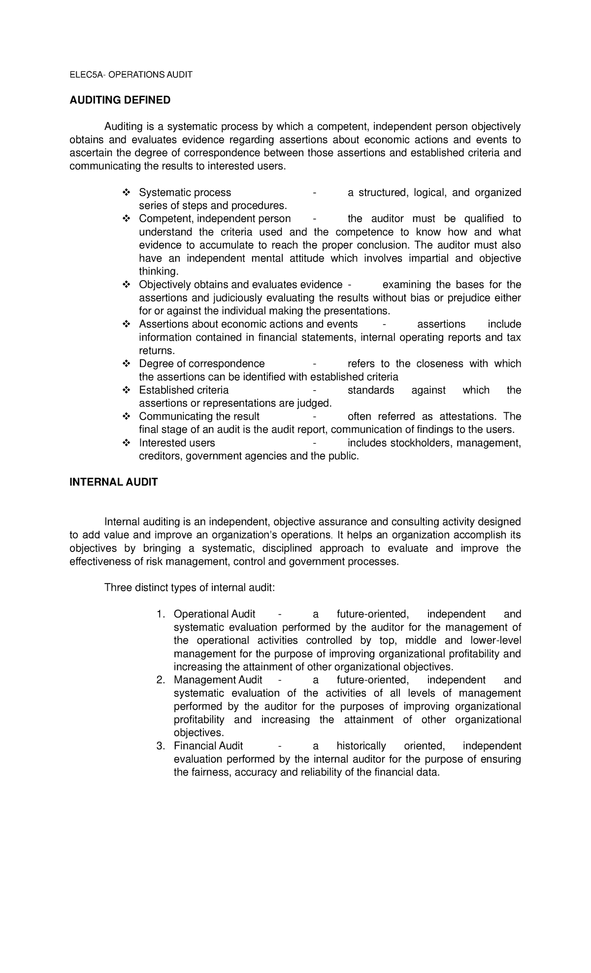 Operations- Audit - ELEC5A- OPERATIONS AUDIT AUDITING DEFINED Auditing ...
