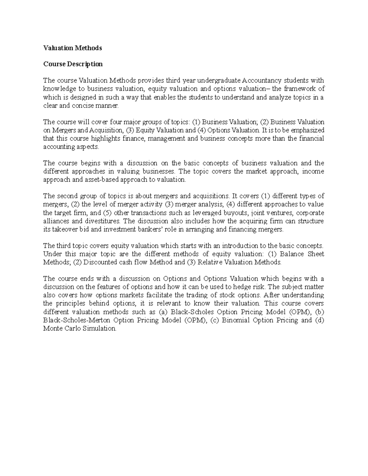 Valuation-Methods - Notes - Valuation Methods Course Description The ...