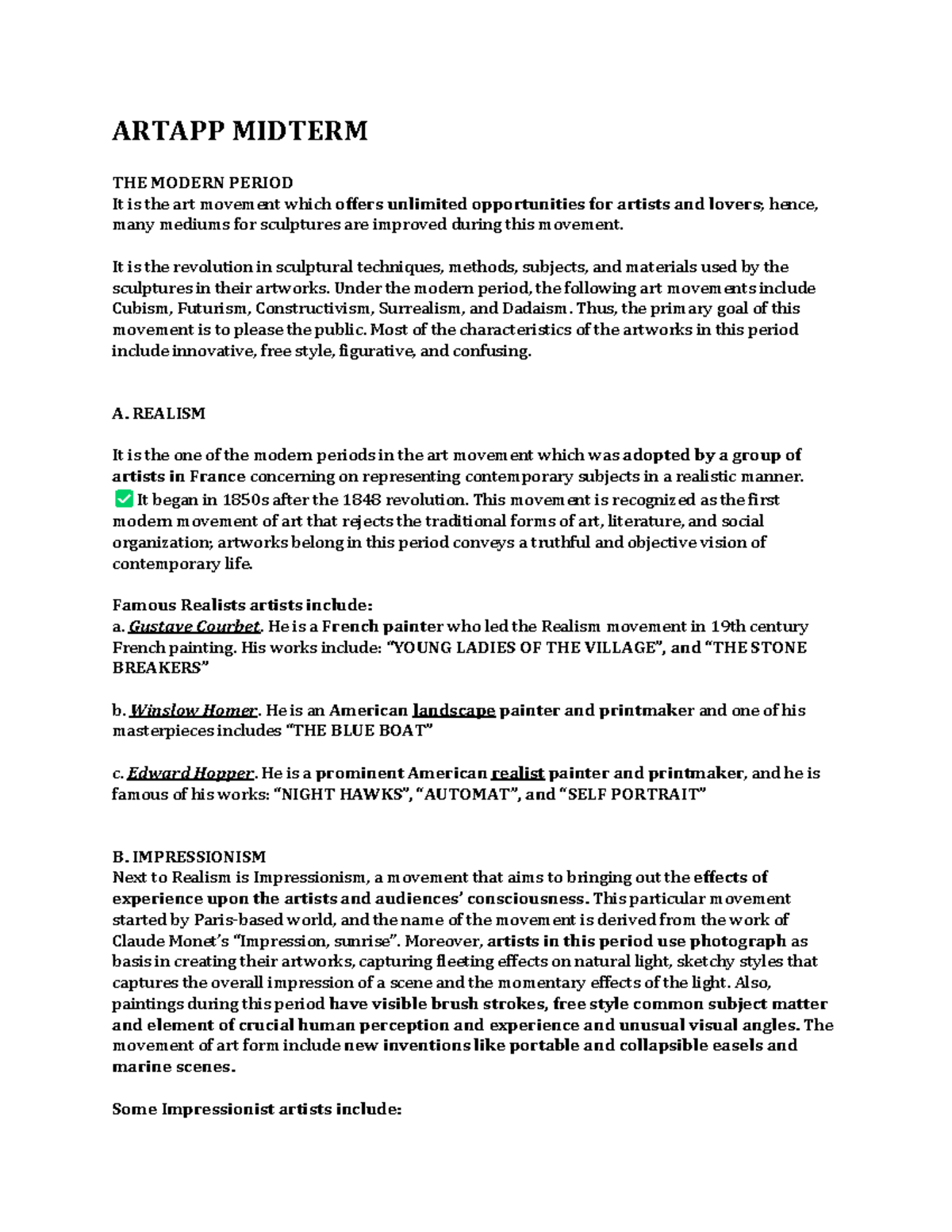 Artapp- Midterm - ARTAPP MIDTERM THE MODERN PERIOD It is the art movement which offers unlimited ...