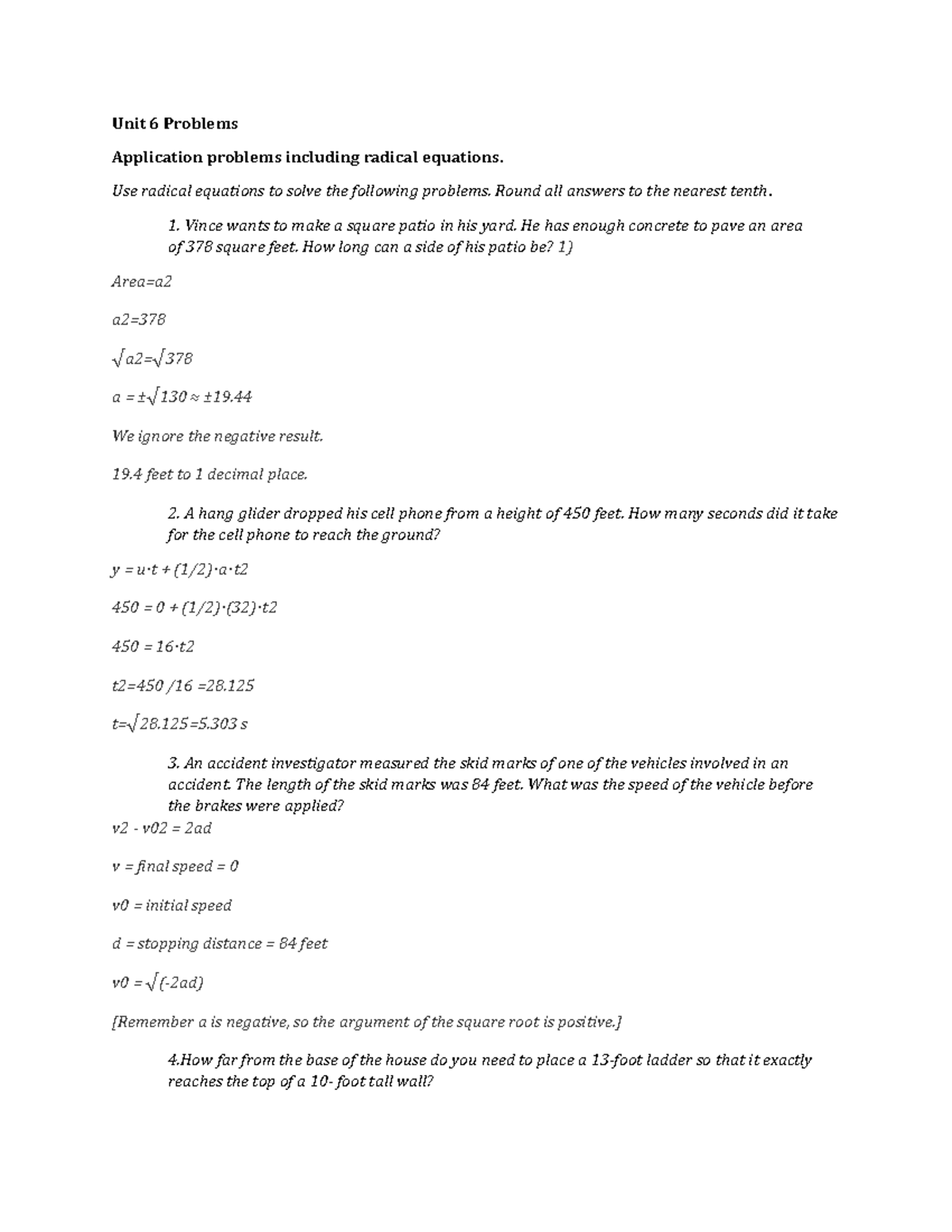 Shackleford Unit6 - Solve Application problems involving radicals - Unit 6 Problems Application ...