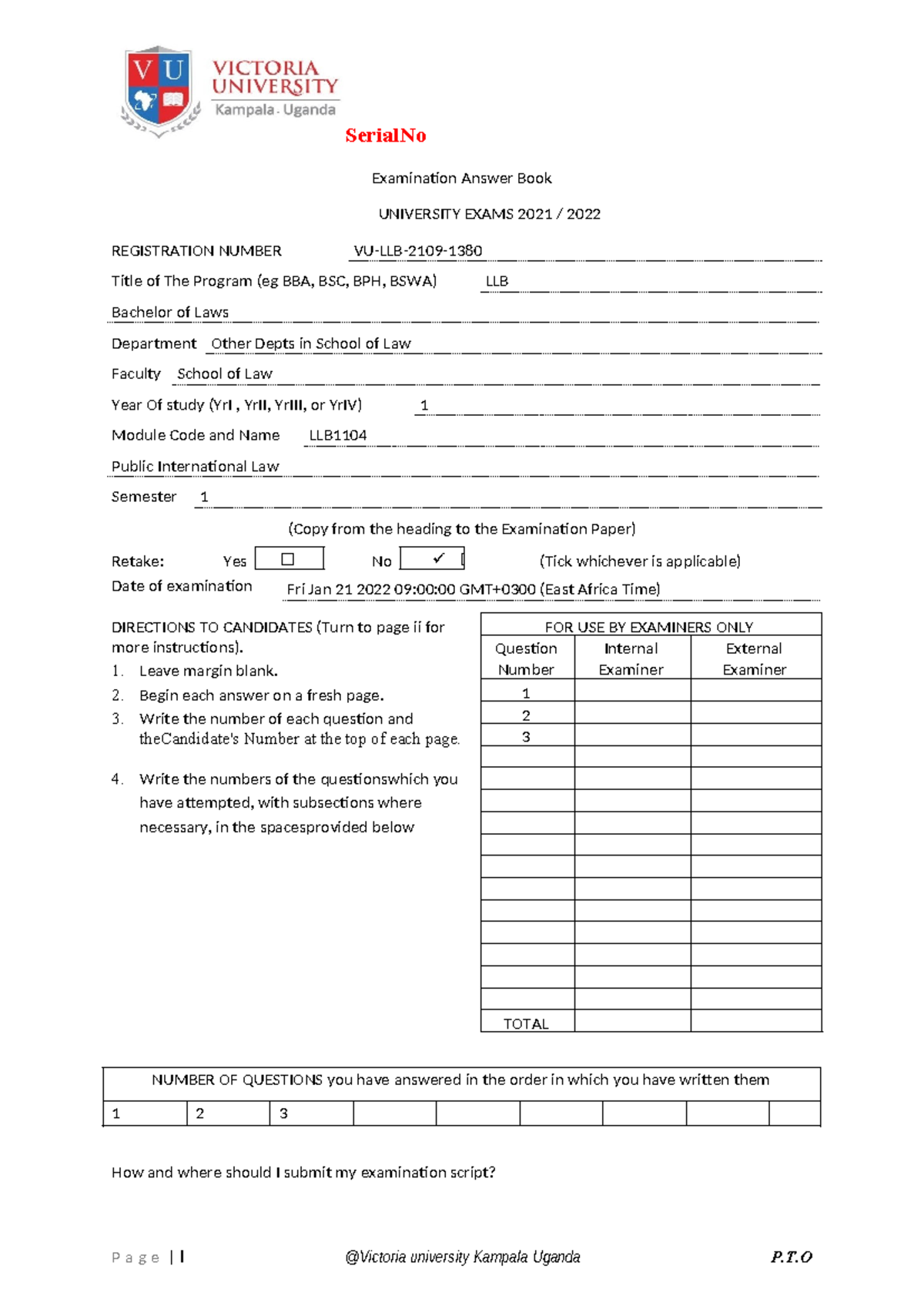 International Answer Sheet - Examination Answer Book UNIVERSITY EXAMS ...