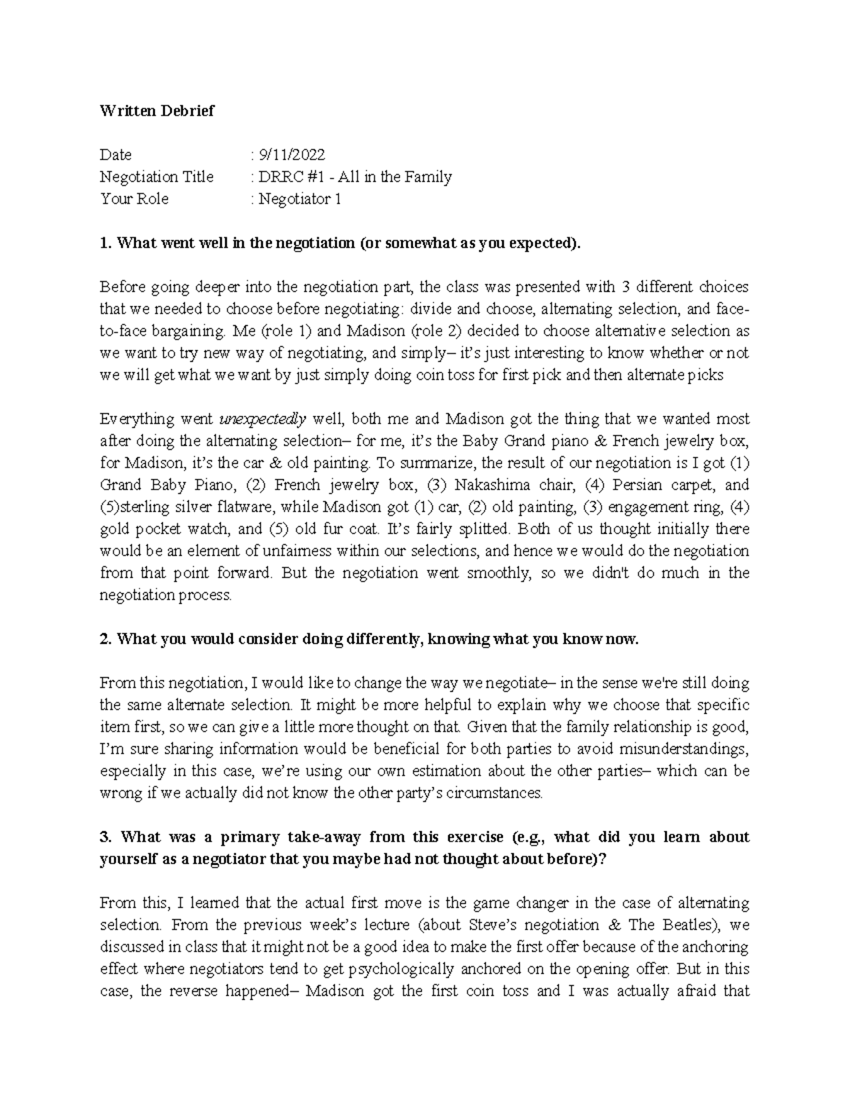 DRRC #1 - Written Debrief - Written Debrief Date : 9/11/ Negotiation ...