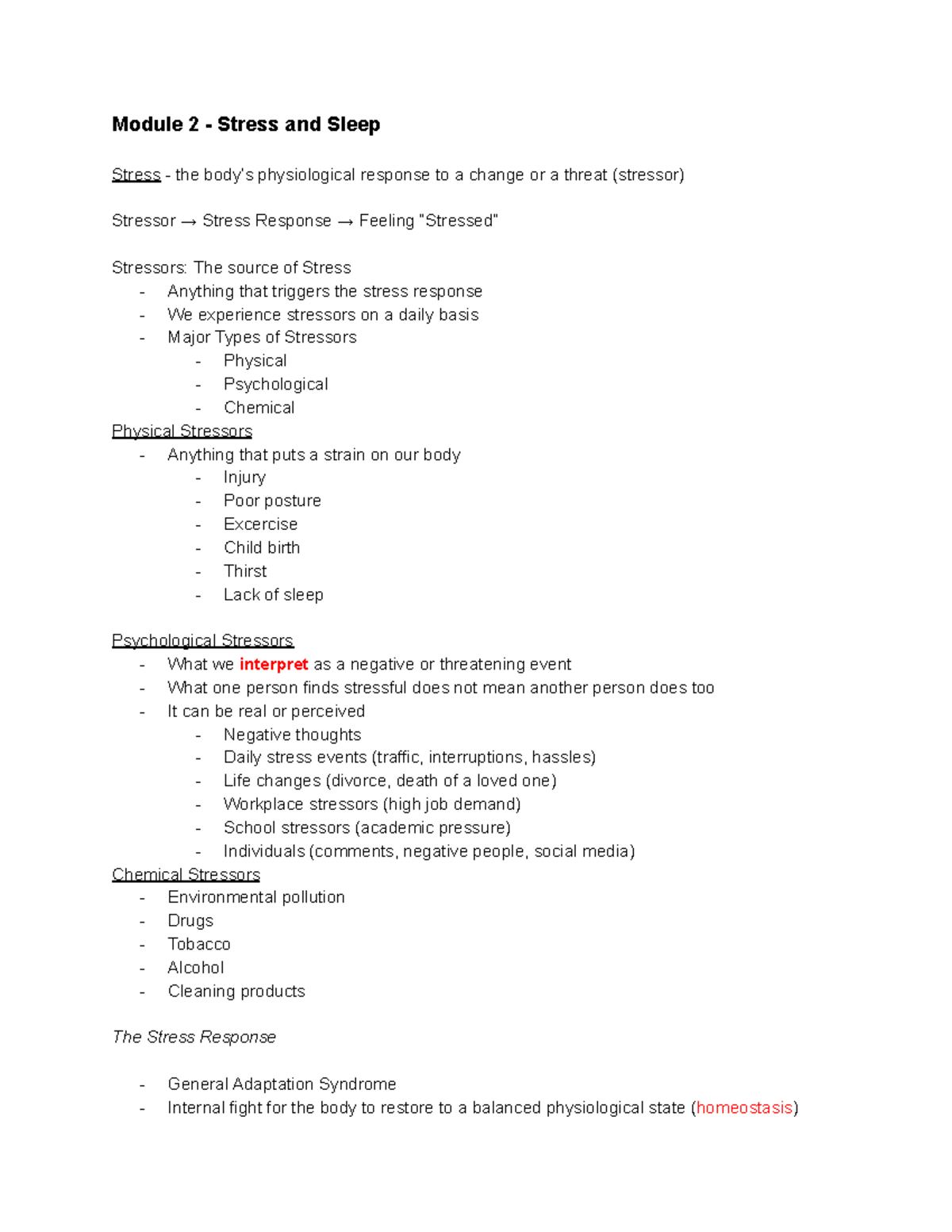 BHAN 155 Module 2 - Module 2 - Stress and Sleep Stress - the body’s ...