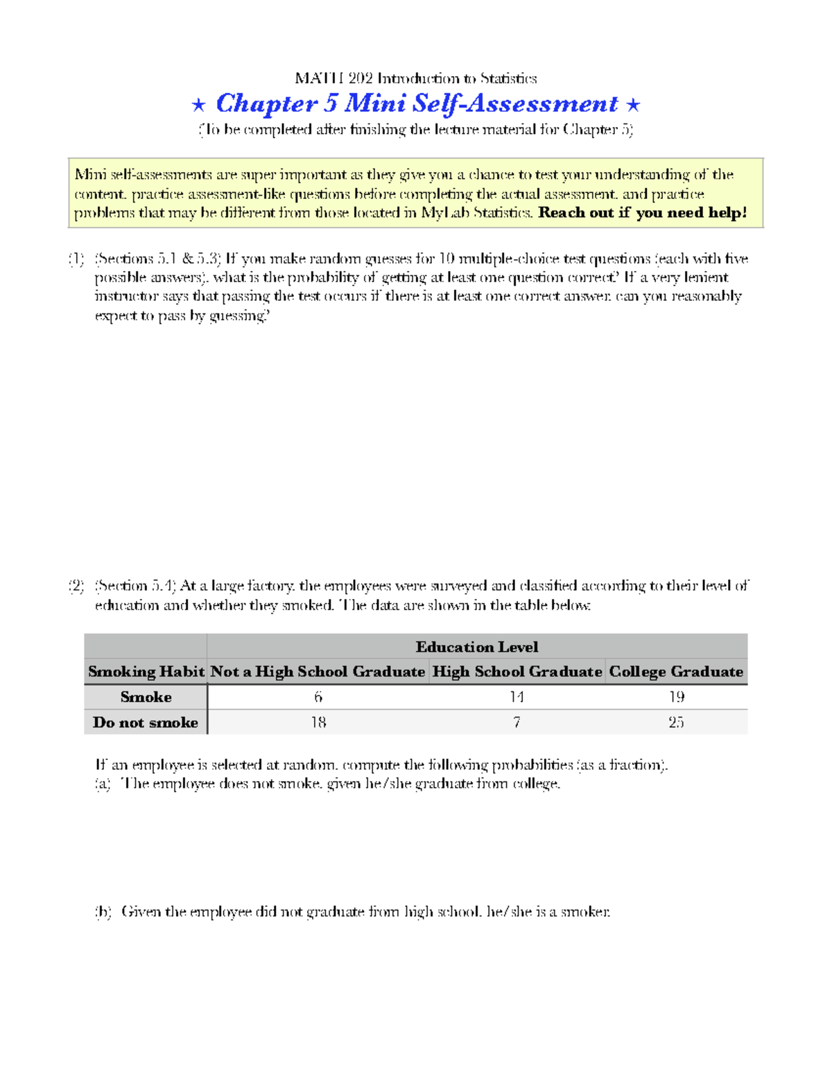 202 C05 Mini Self-Assessment - MATH 202 Introduction to Statistics ...