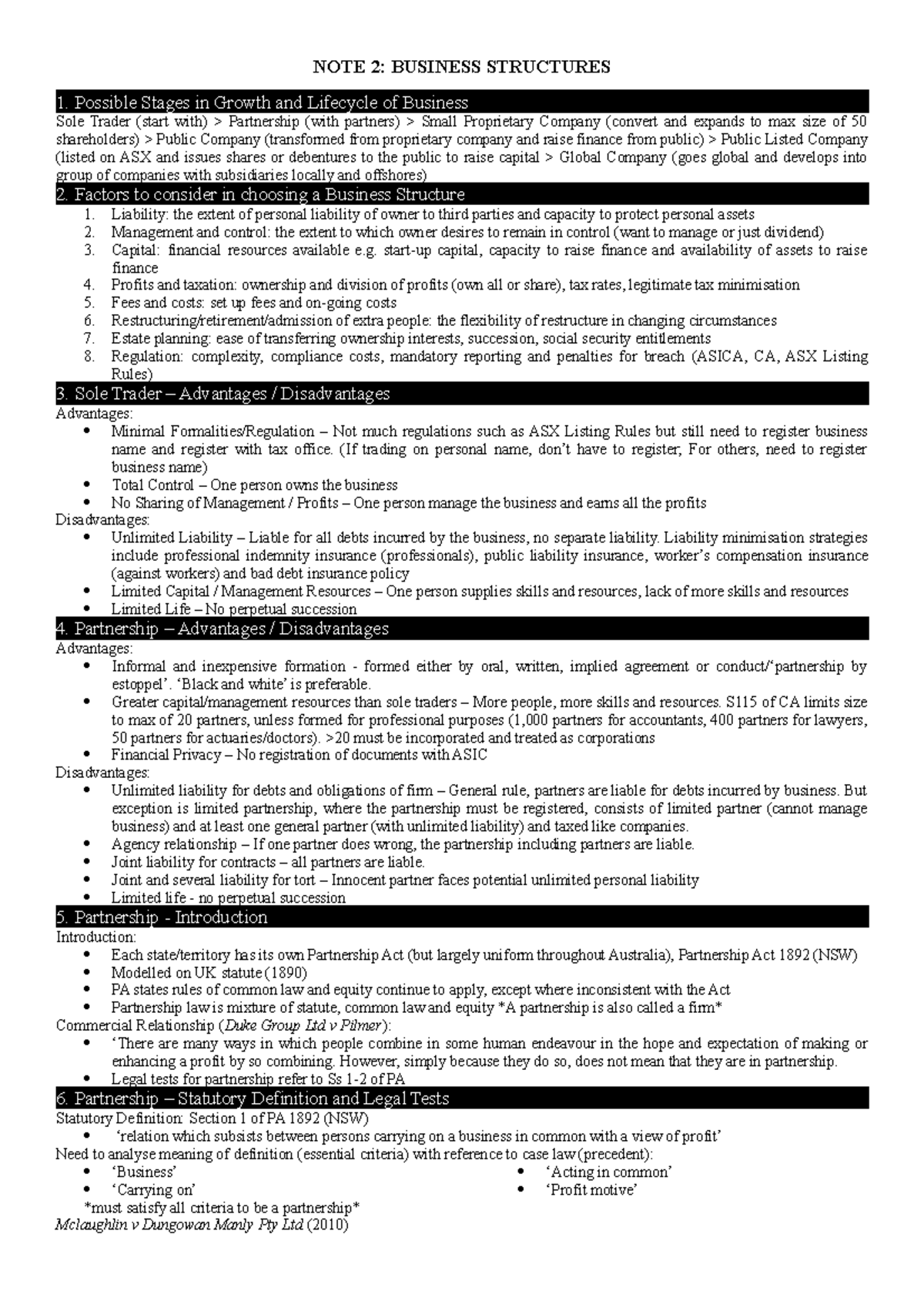 Lecture notes, lectures 2 - note 2 - business structures - NOTE 2 ...