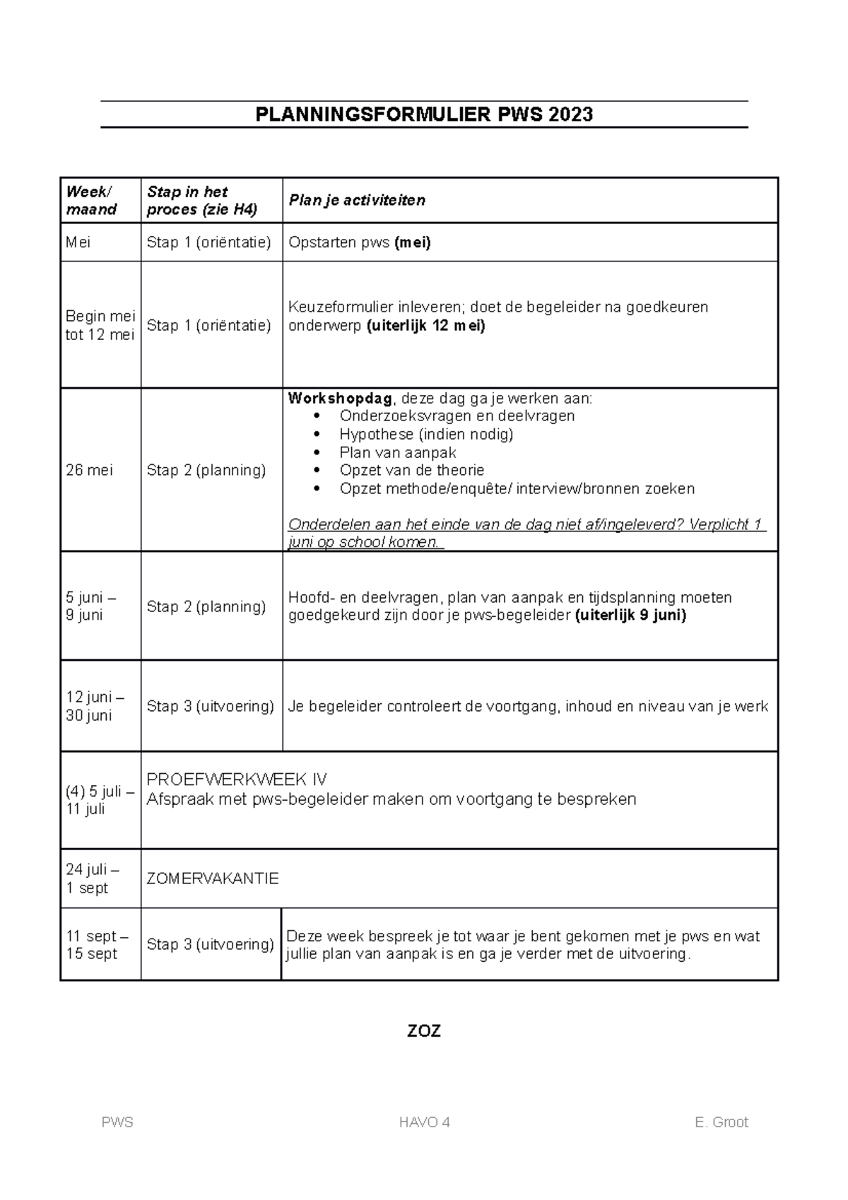 Planningsformulier 2023 havo 4 vwo 5 - PLANNINGSFORMULIER PWS 2023 Week ...