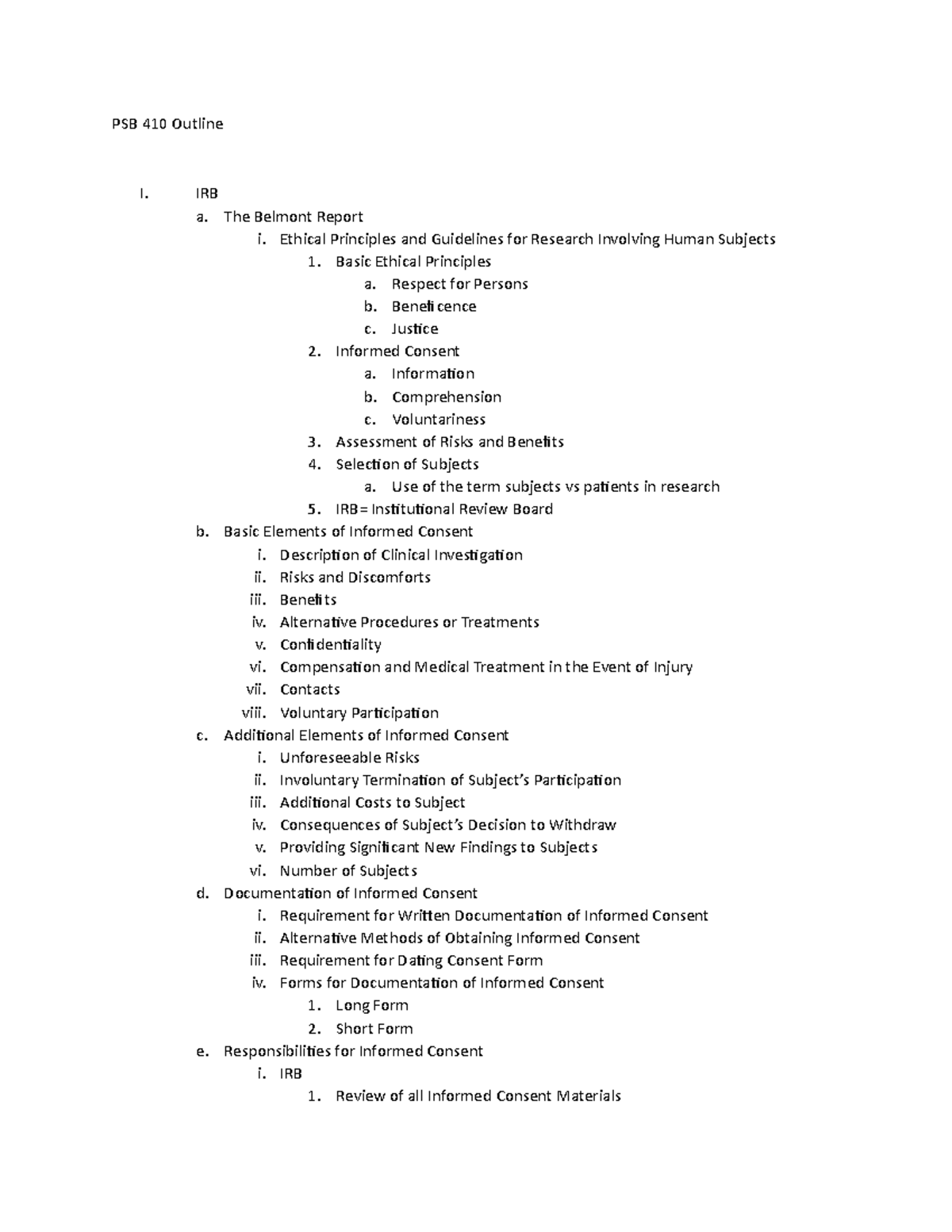 PSB 410 Outline Final - Practice Exam Material - PSB 410 Outline I. IRB ...