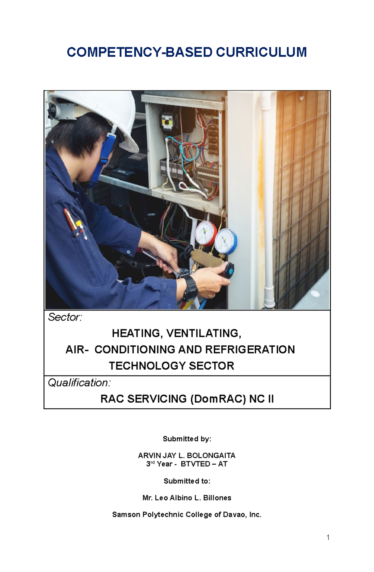 CBC RAC Servicing NCII FOR EDIT - COMPETENCY-BASED CURRICULUM Sector: HEATING, VENTILATING, AIR ...