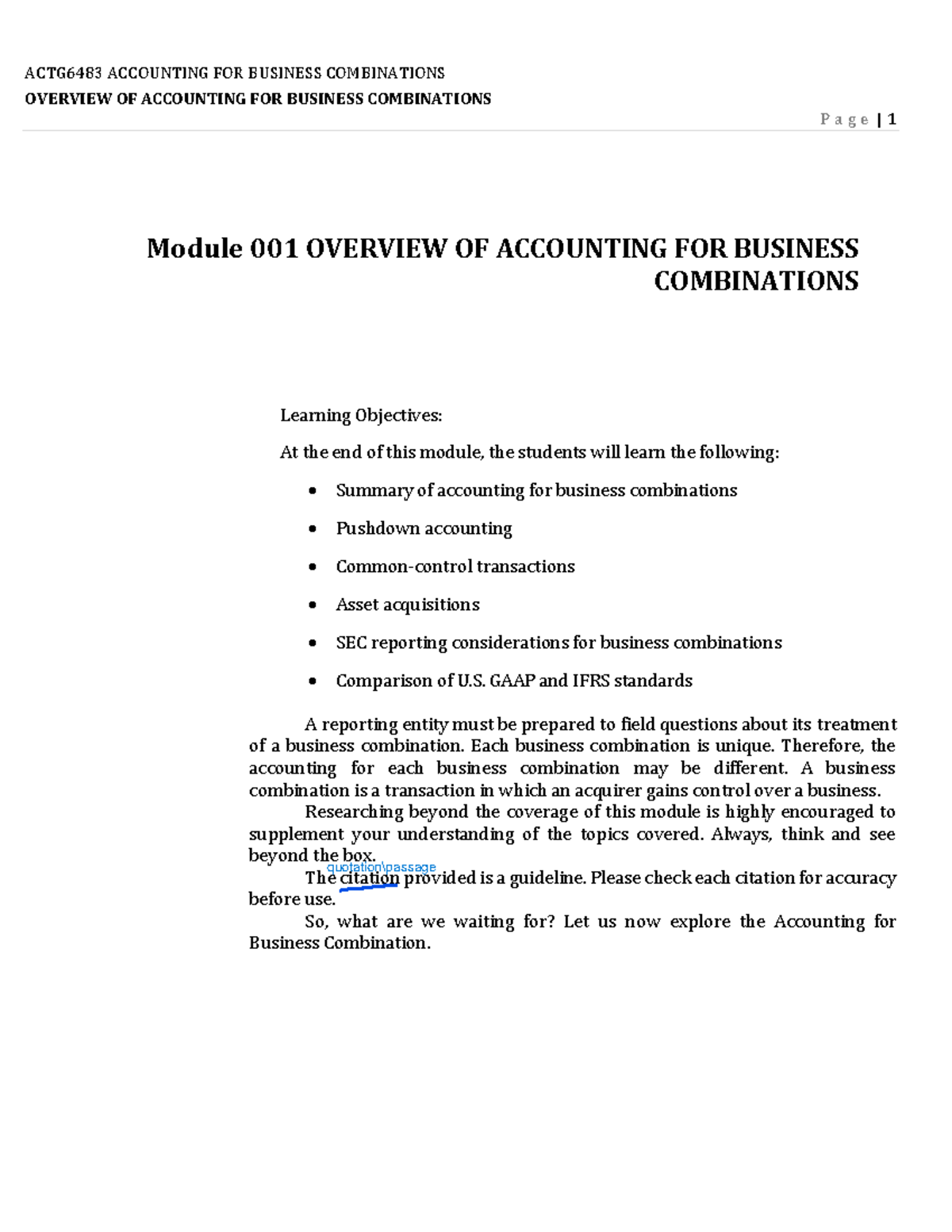 Module 1- Overview OF Accounting FOR Business Combinations - OVERVIEW ...