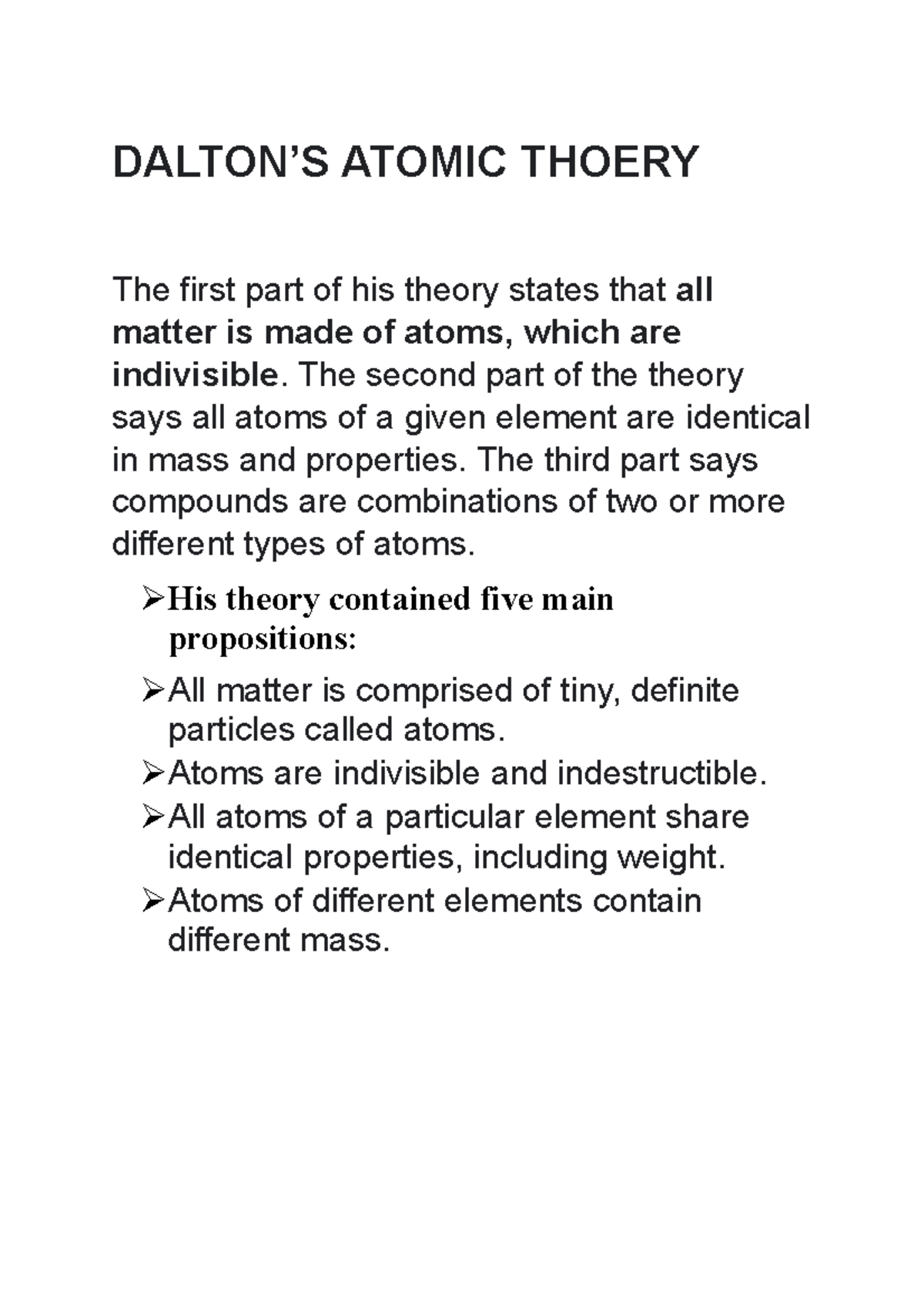 Dalton theorem note - DALTON’S ATOMIC THOERY The first part of his ...