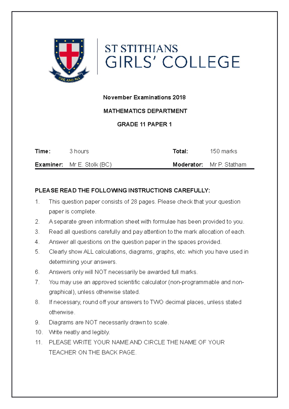 Grade 11 November Paper 1 2018 - November Examinations 2018 MATHEMATICS ...