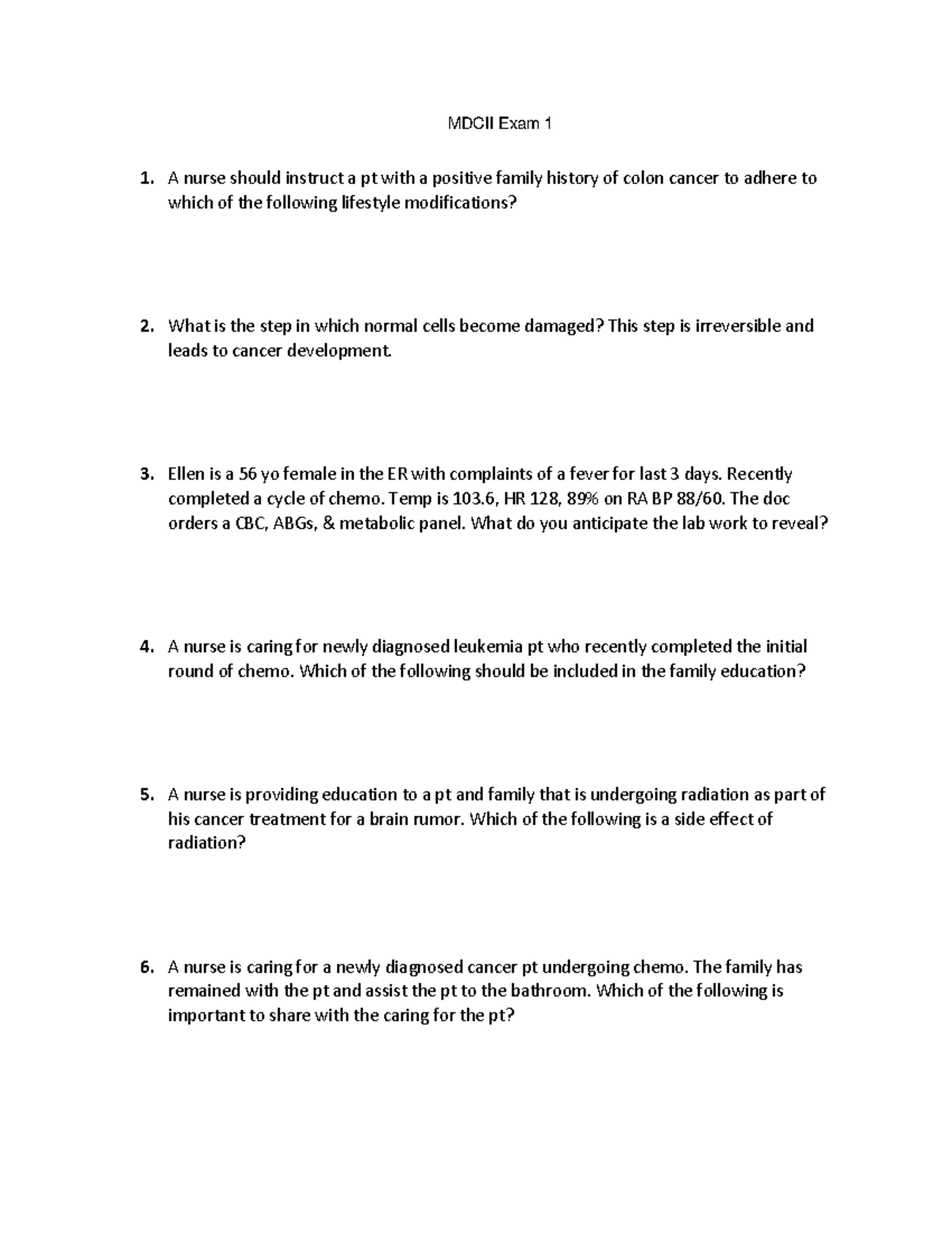 Mdcii exam 1 practice - Exam review - nur2392 - Studocu