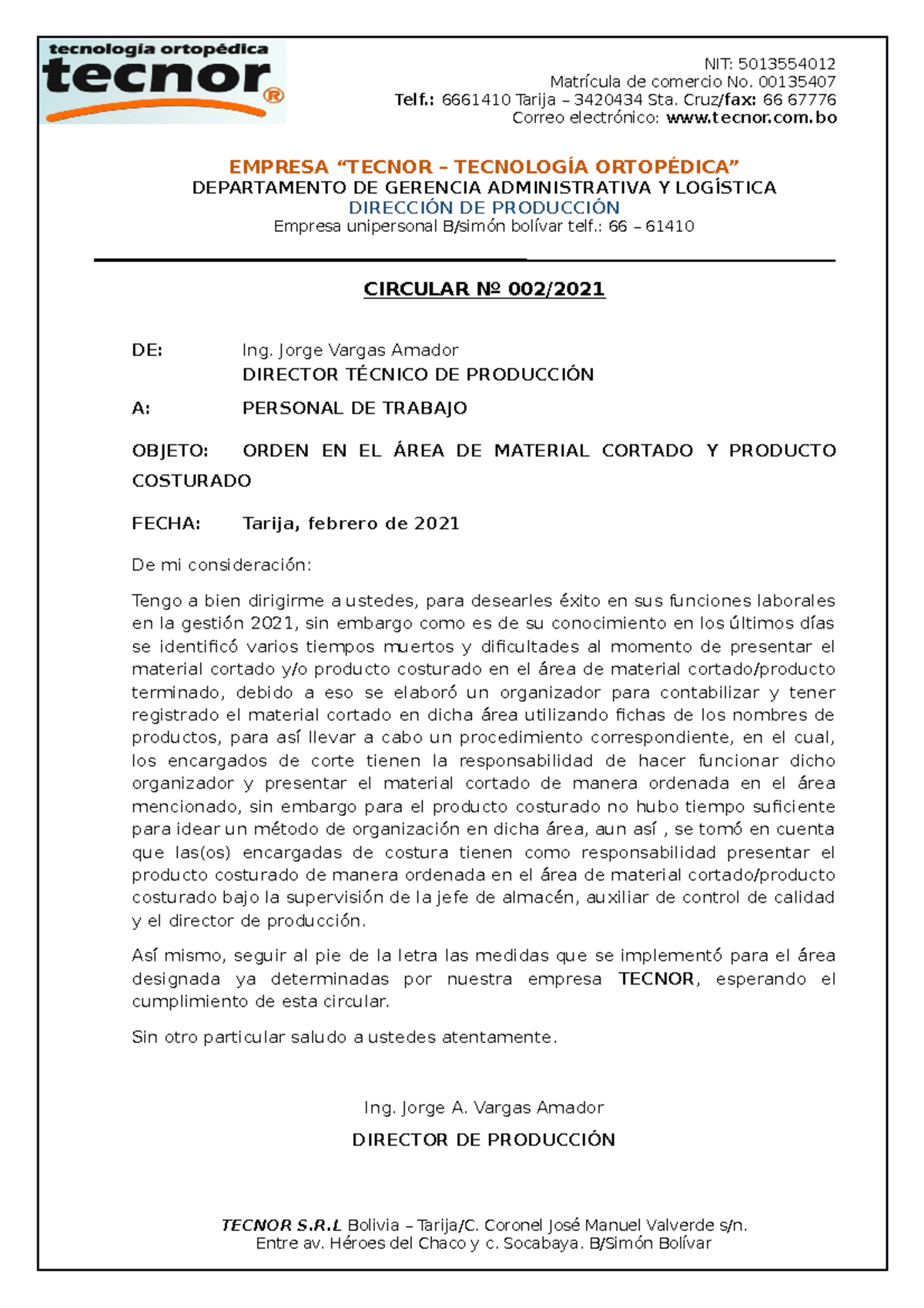 Circular 002 - Aviso - NIT: 5013554012 Matrícula de comercio No ...