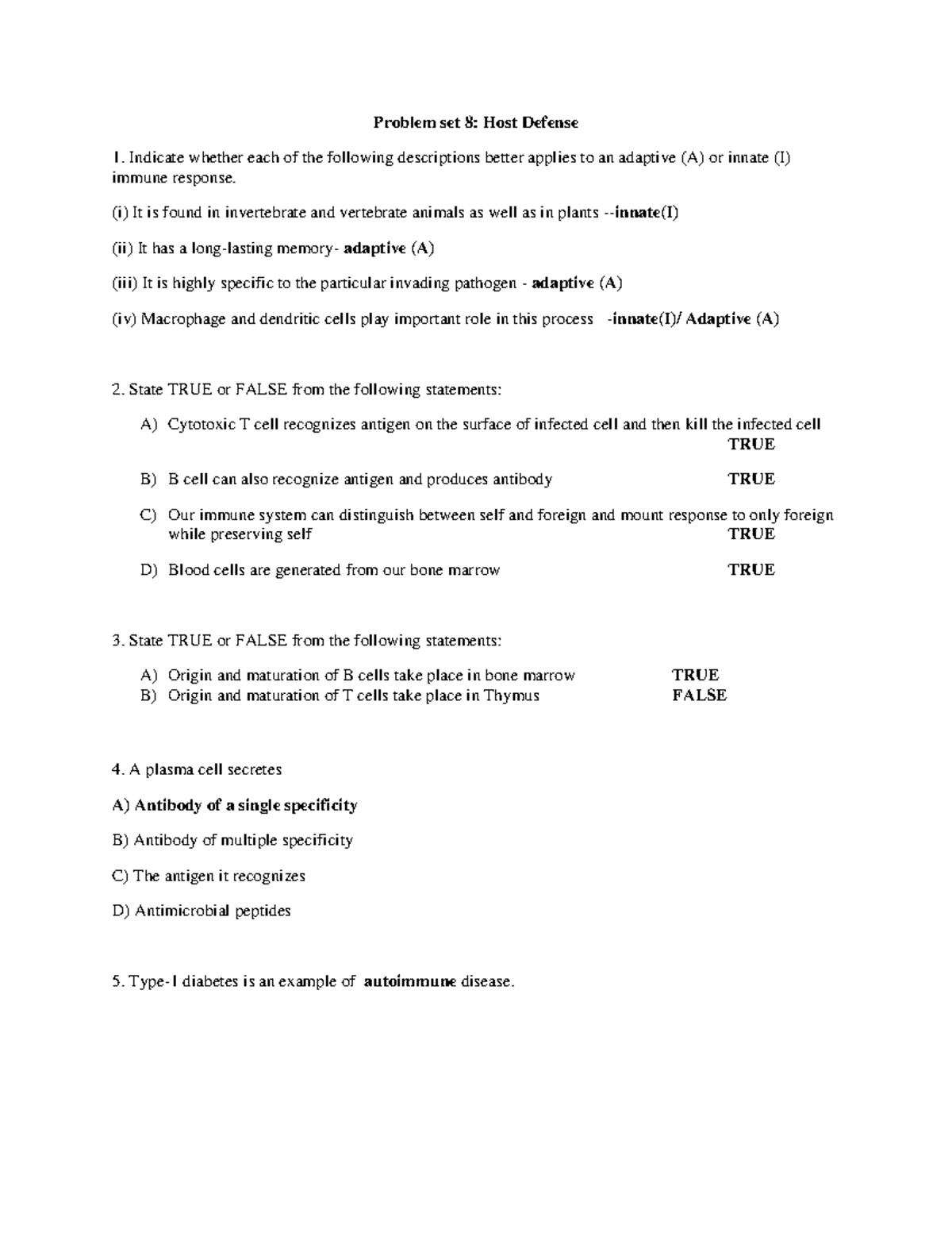 Immune system solved assignment - Problem set 8: Host Defense Indicate ...