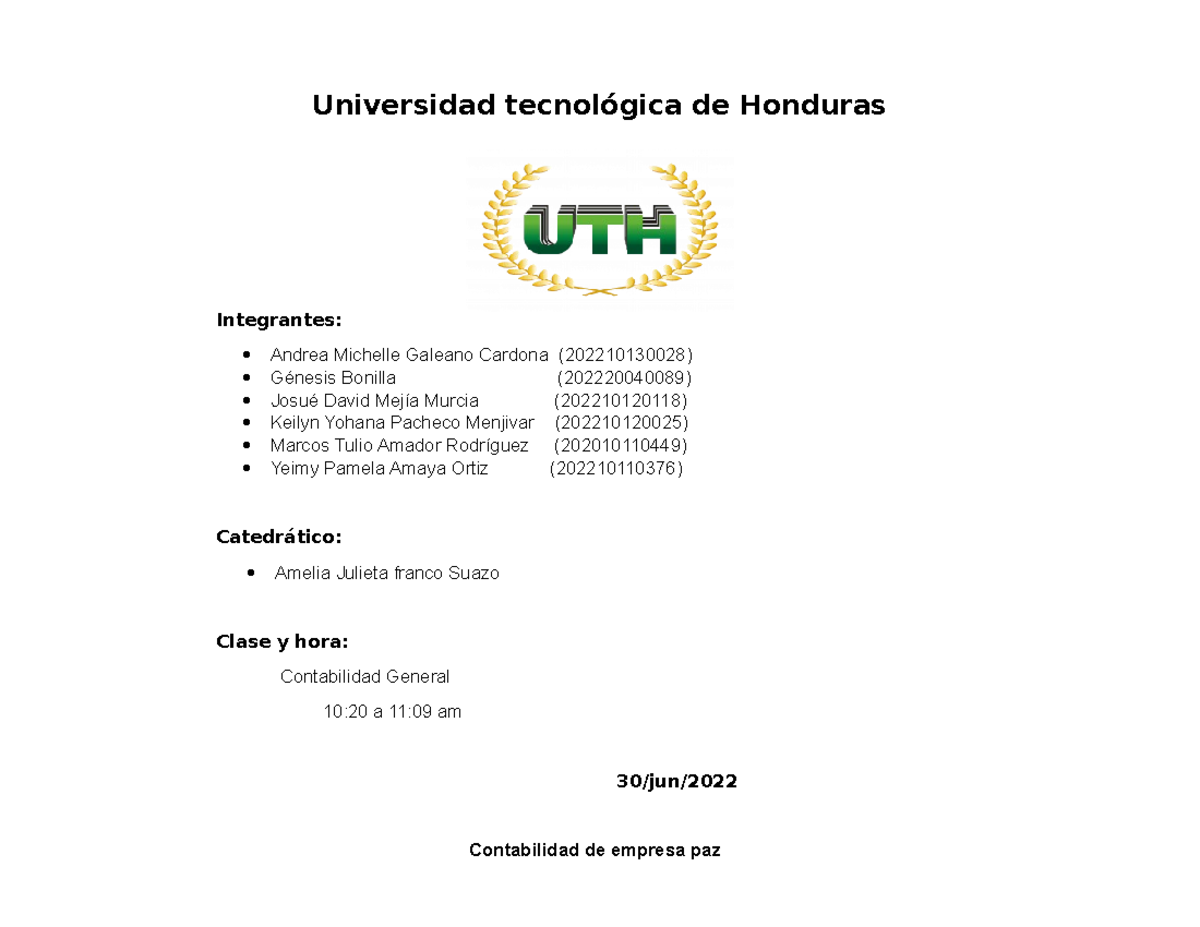 Tarea DE Contabilidad Grupal - Universidad tecnológica de Honduras ...