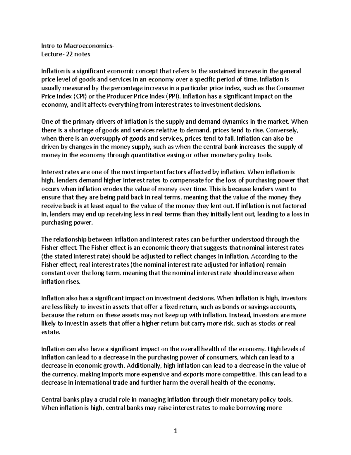 Intro To Macroeconomics Lecture 22 Notes 1 Intro To Macroeconomics Lecture 22 Notes