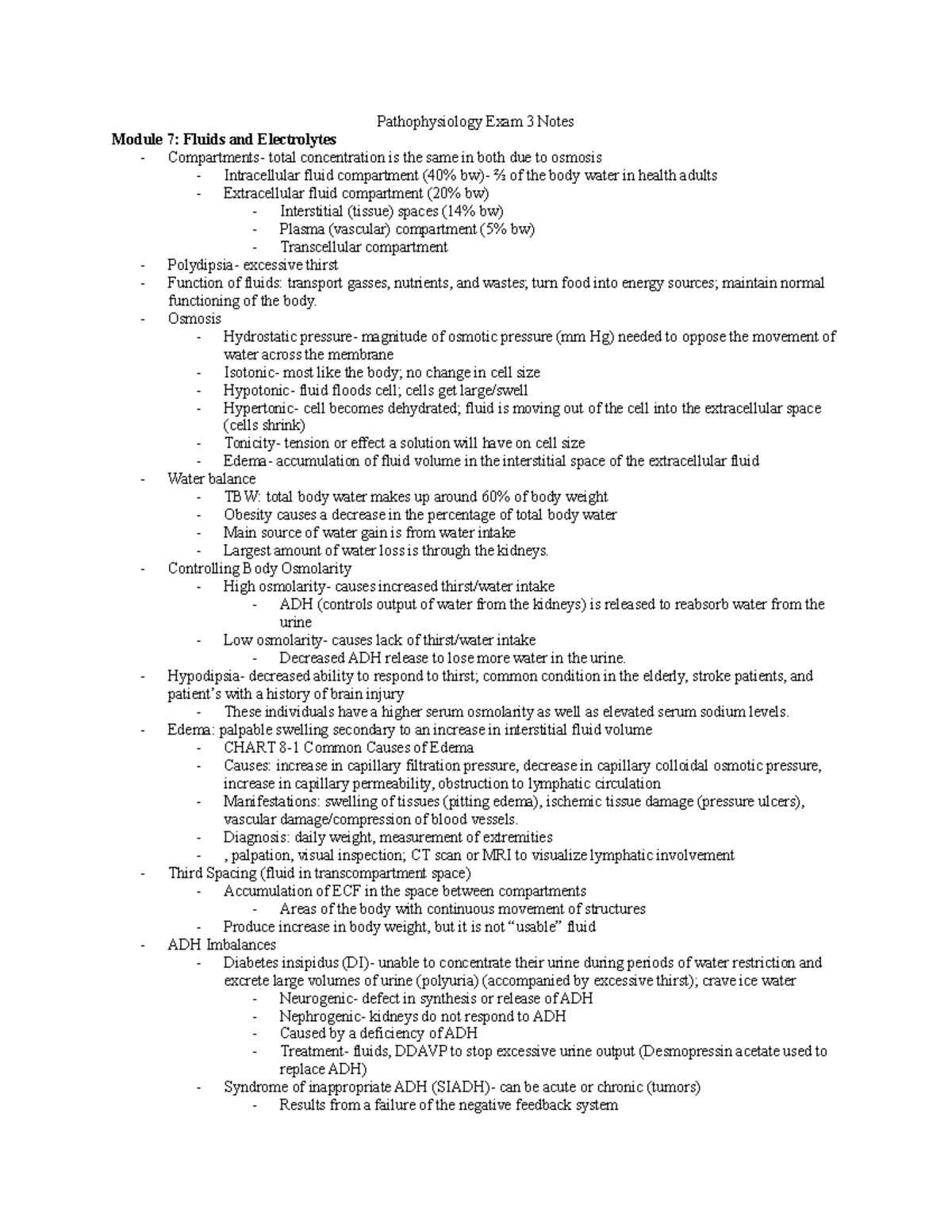 Patho Exam 3 - Pathophysiology Exam 3 Notes Module 7: Fluids and ...