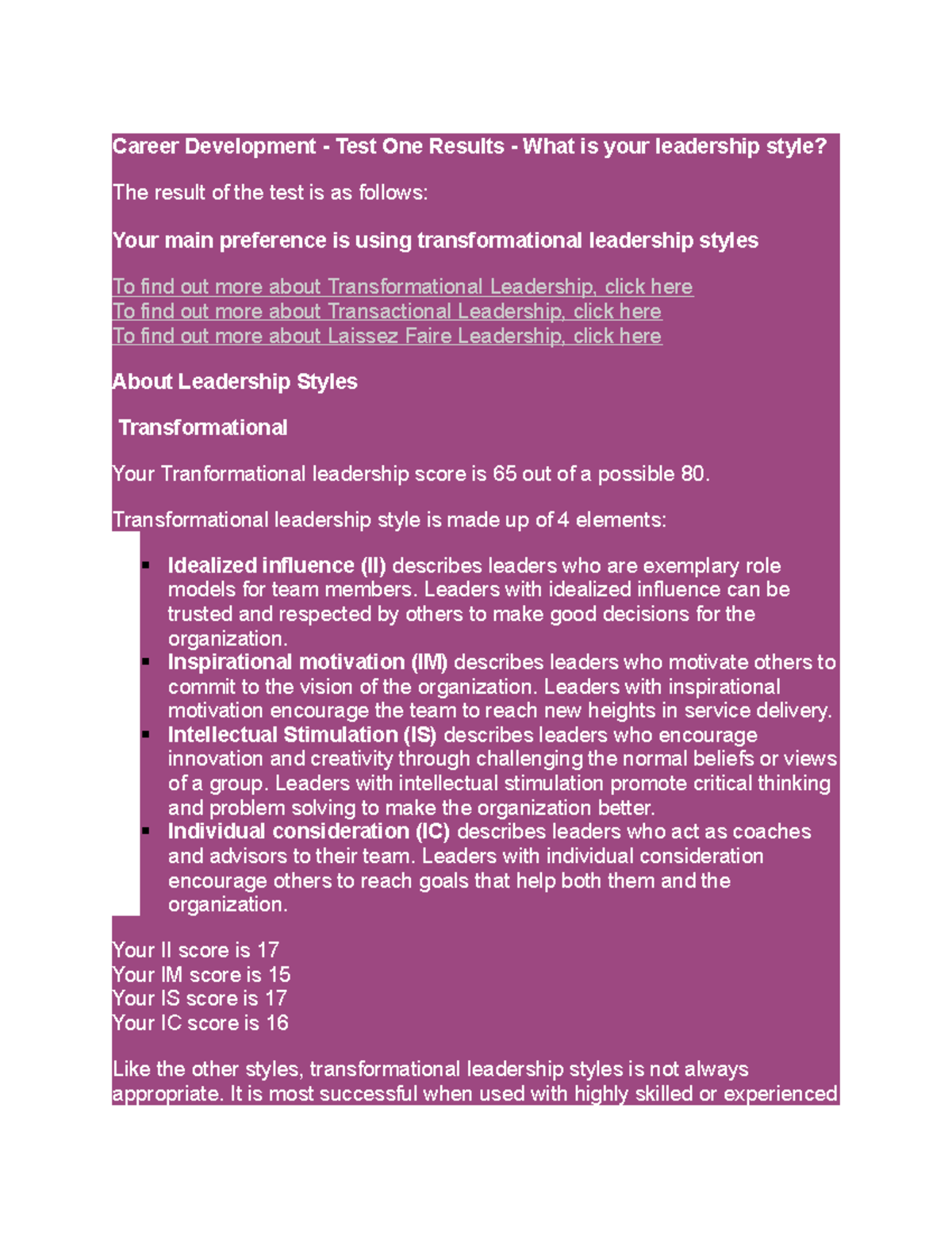 Joseph Abbey leadershipresult - Career Development - Test One Results ...