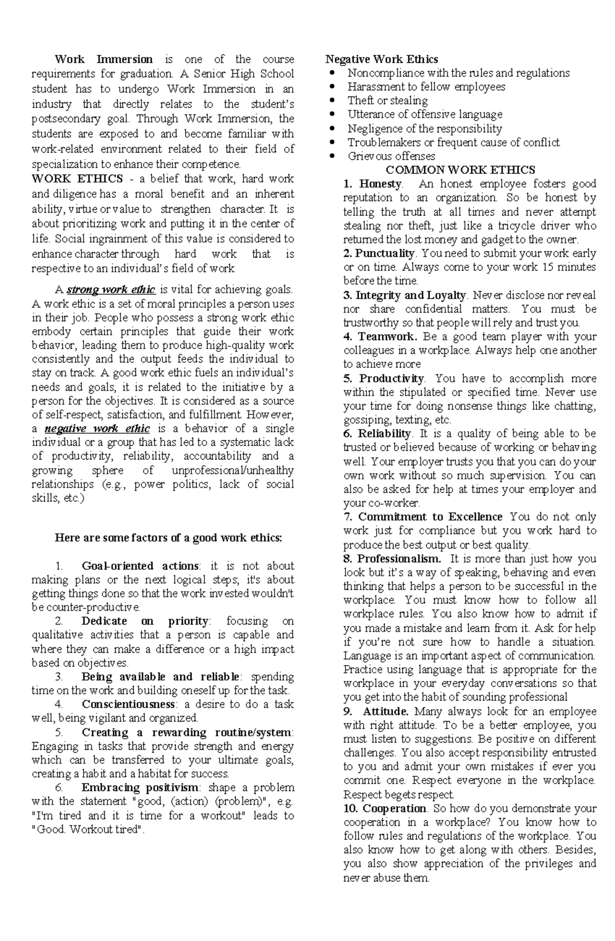 Work Immersion Notes-1 - Work Immersion is one of the course ...