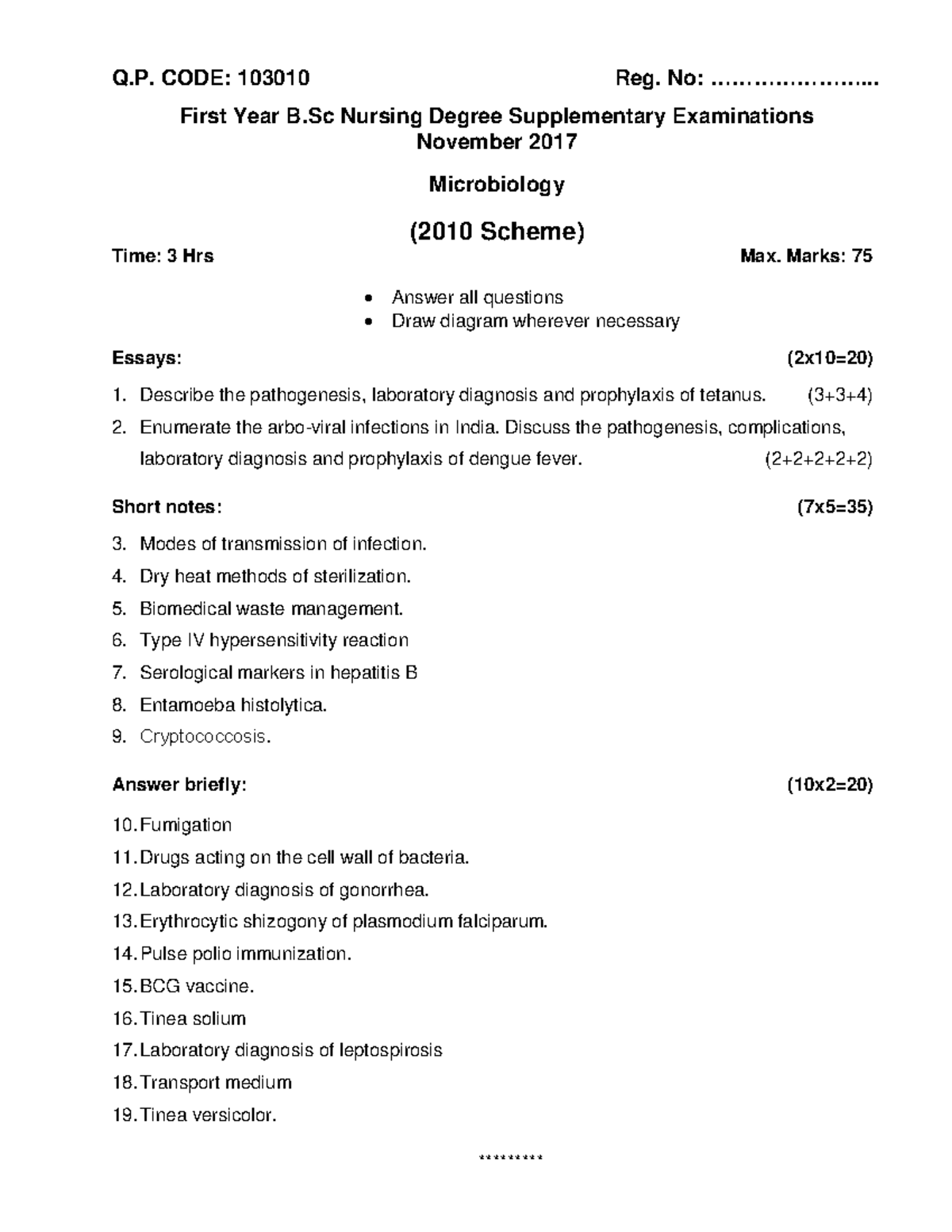 103010 - Previous Questions First Year Bsc Nursing - Q. CODE: 103010 ...
