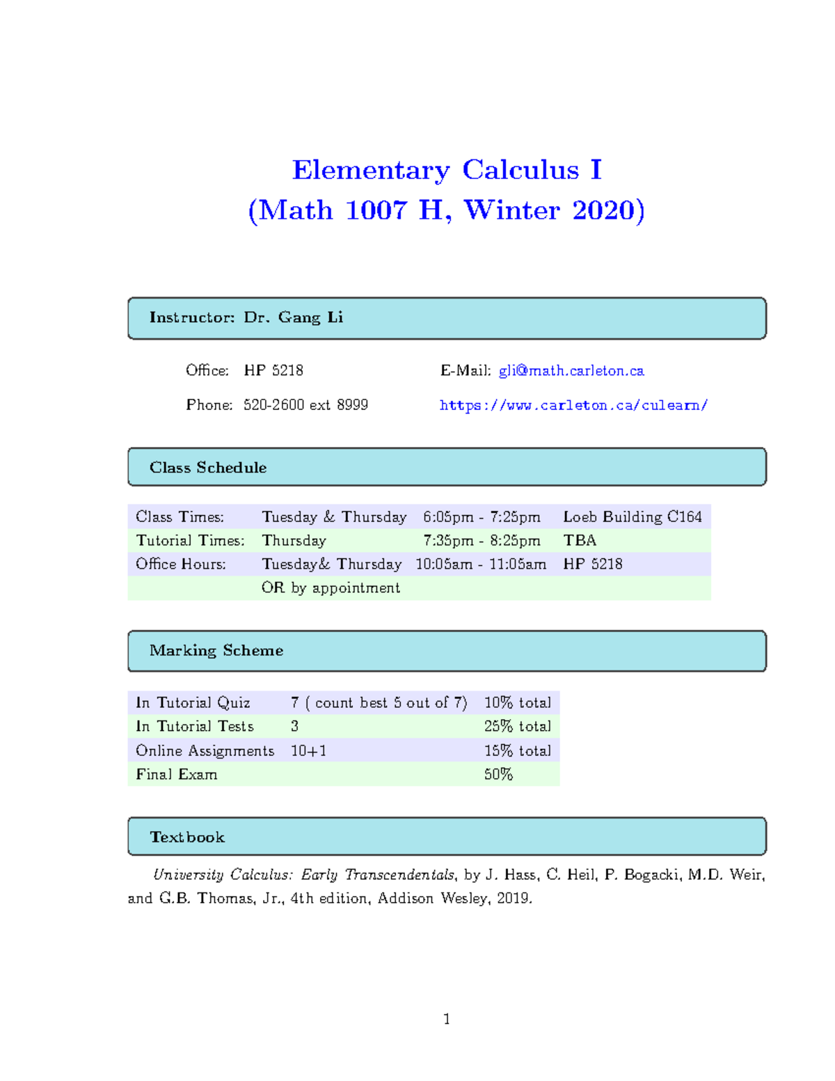 MATH-1007H-W20 - outline - Elementary Calculus I (Math 1007 H, Winter ...