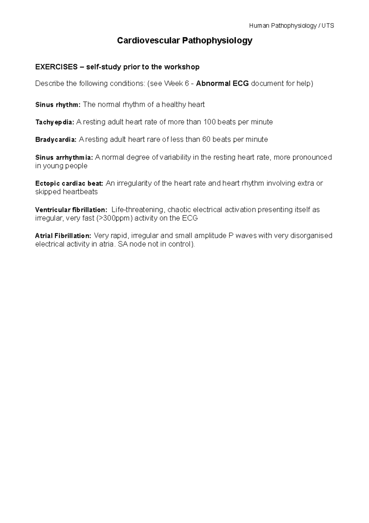 Week 6 - CVS patho worksheet - Cardiovescular Pathophysiology EXERCISES ...
