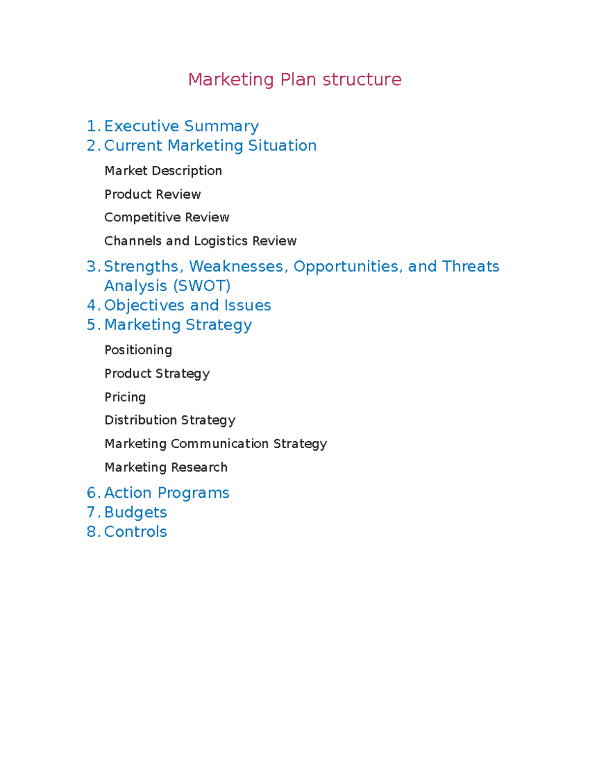 Dàn bài kế hoạch marketing - Marketing Plan structure 1. Executive ...