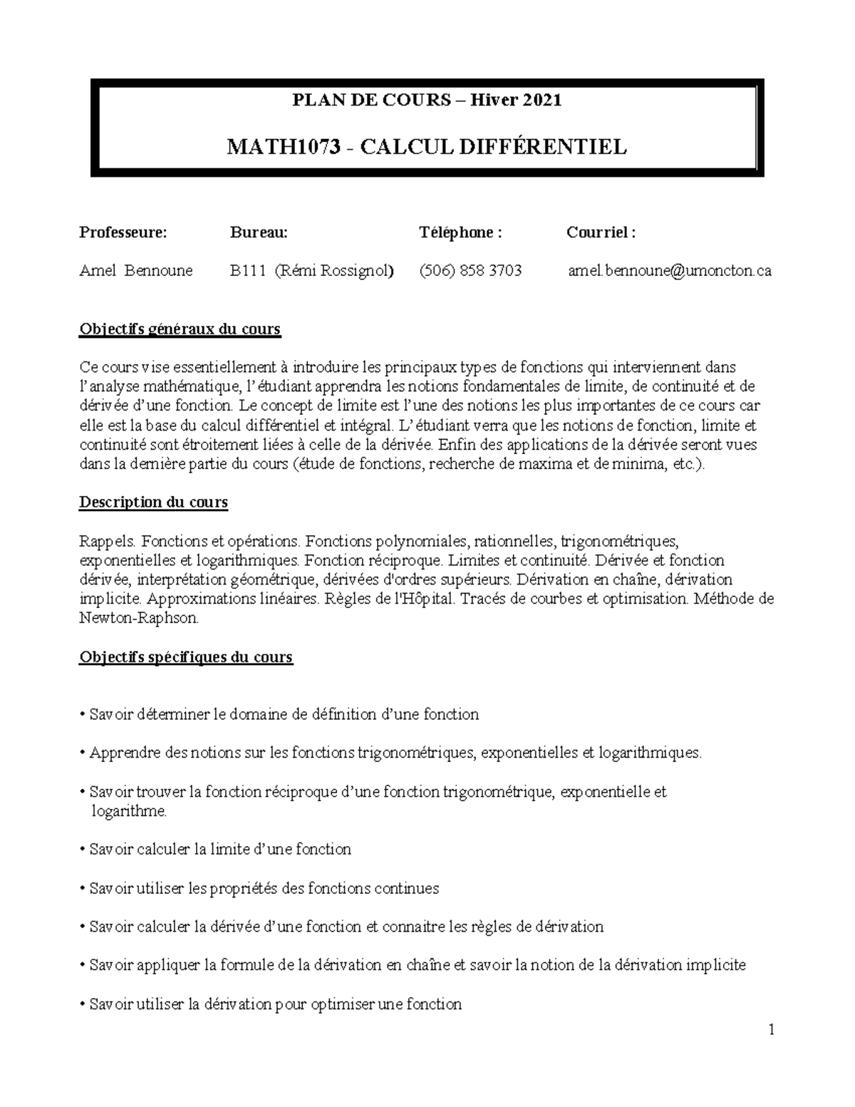 MATH1073- Bennoune - Résumé Mathématique Générale I - PLAN DE COURS ...