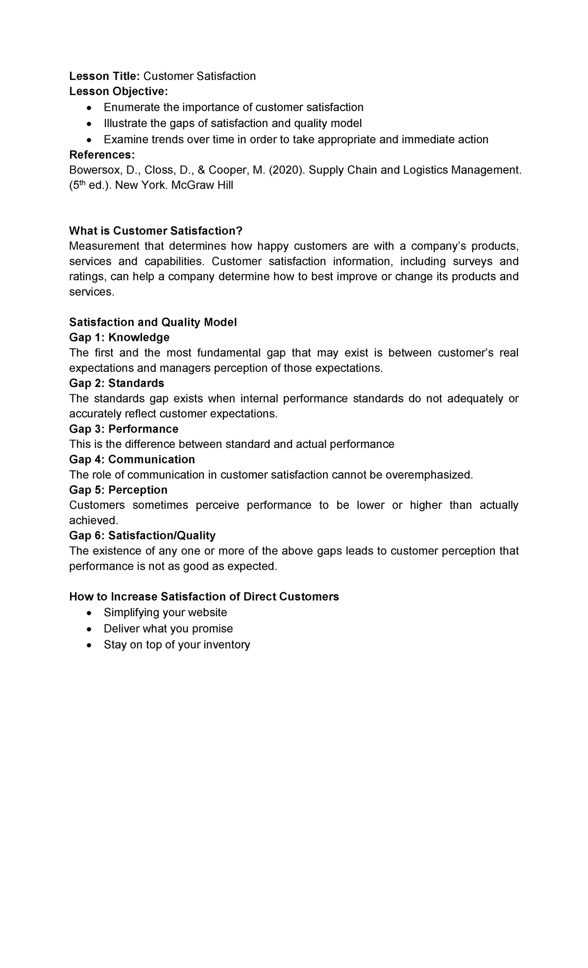 Customer Satisfaction - Lesson Title: Customer Satisfaction Lesson ...