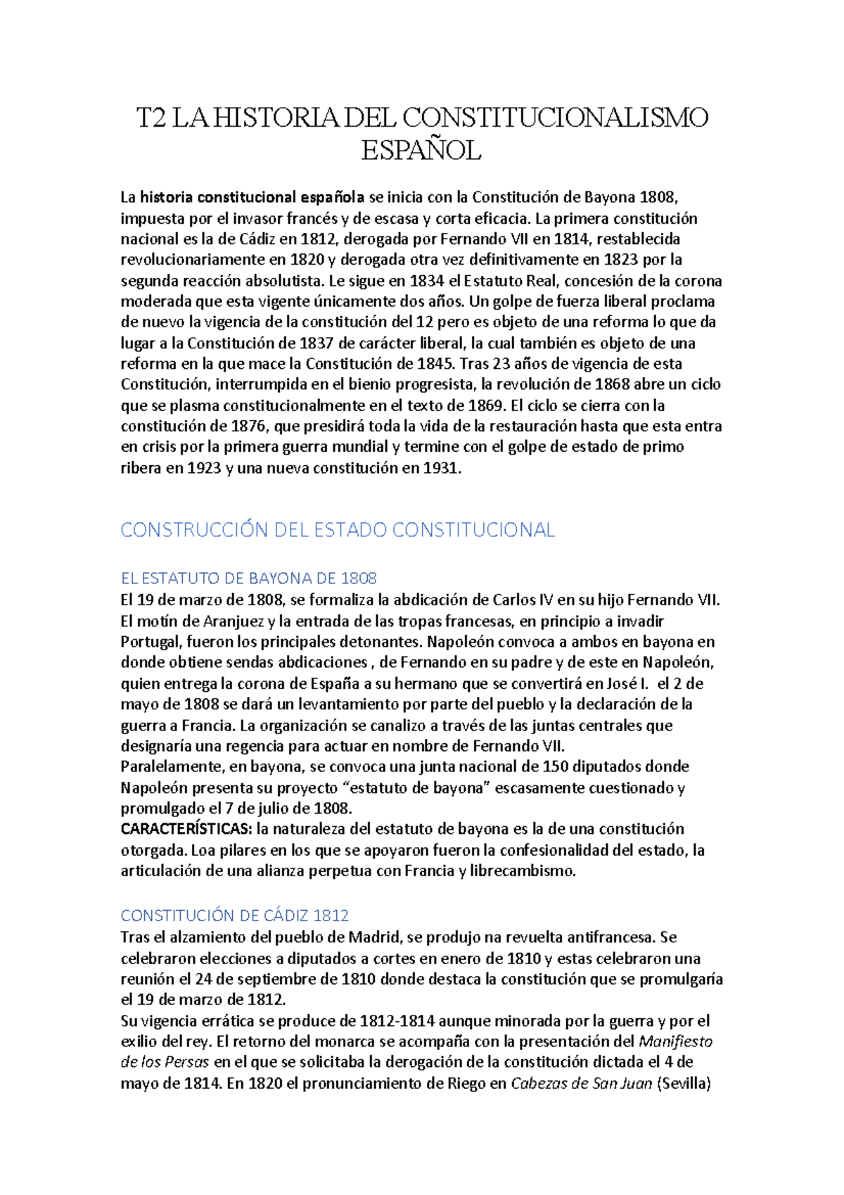 T2 Historia DEL Constitucionalismo EspañOL - T2 LA HISTORIA DEL CONSTITUCIONALISMO ESPAÑOL La ...