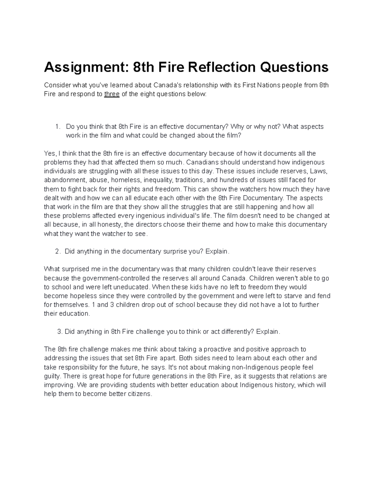 Assignment 8th Fire Reflection Questions (1) - Assignment: 8th Fire ...